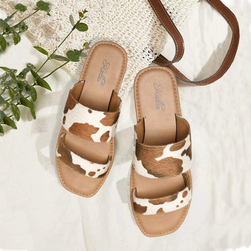 katliu Women's Flat Sandals Two Strap Slide Sandals Open Toe Cow Print Brown 8