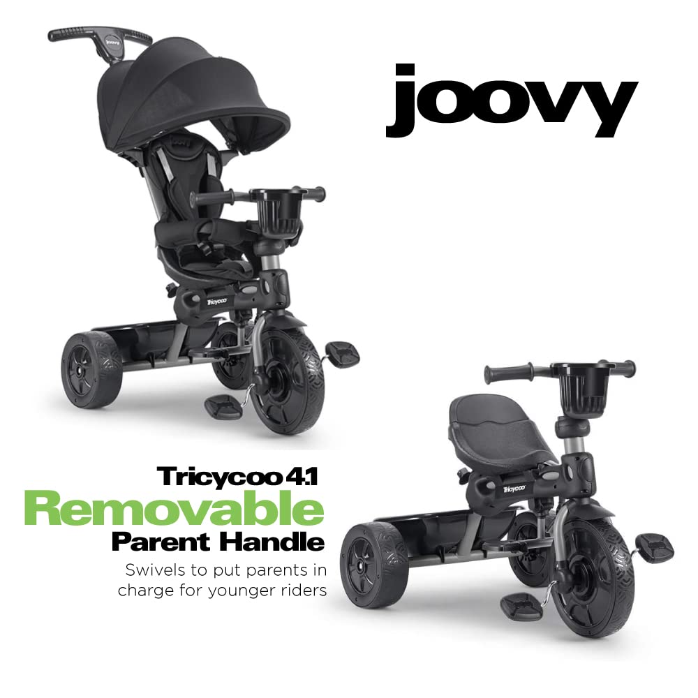 Joovy 4.1 Kids Tricycle with 4-Stages Featuring Extra-Wide Front Tire, Removable and Adjustable Parent Handle, Safety Harness, Machine-Washable Seat Pad, and Retractable Canopy (Black)
