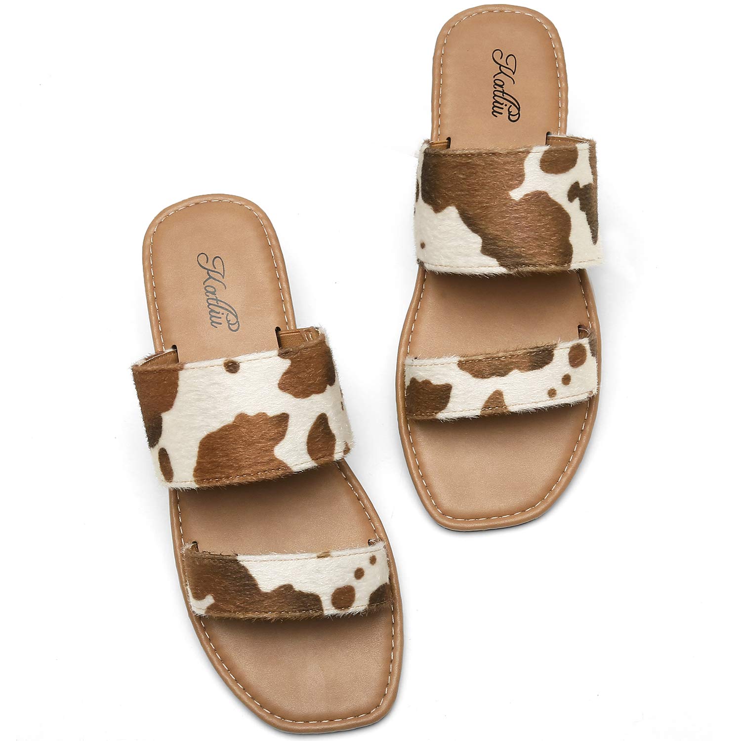katliu Women's Flat Sandals Two Strap Slide Sandals Open Toe Cow Print Brown 8