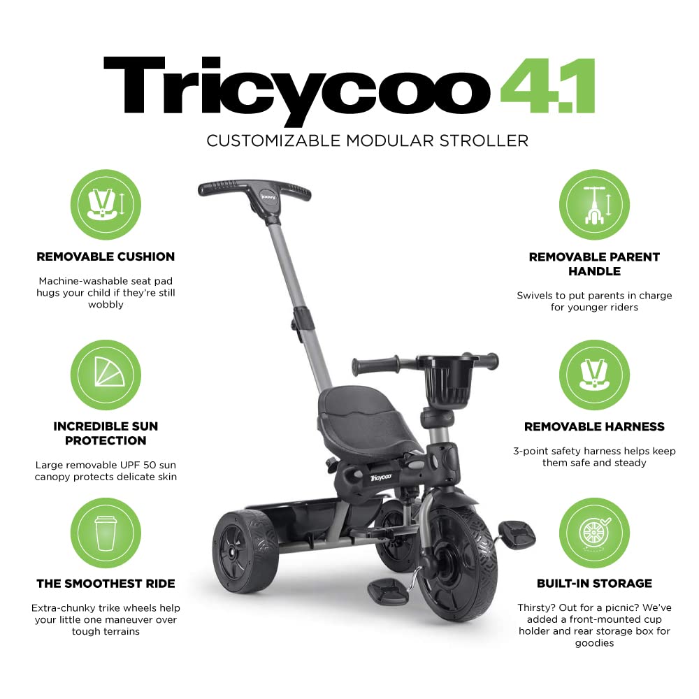 Joovy 4.1 Kids Tricycle with 4-Stages Featuring Extra-Wide Front Tire, Removable and Adjustable Parent Handle, Safety Harness, Machine-Washable Seat Pad, and Retractable Canopy (Black)