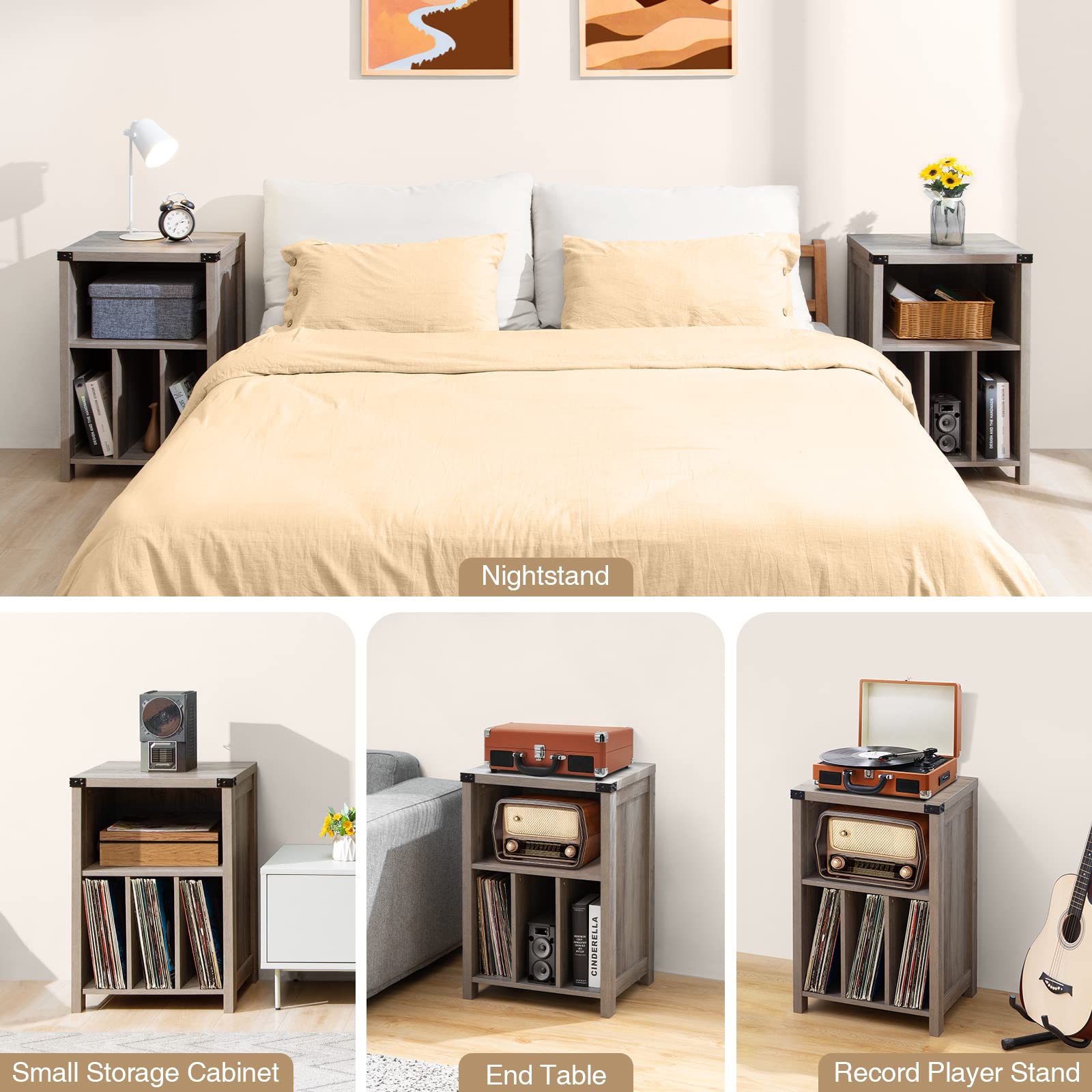 SICOTAS Record Player Stand with Vinyl Record Storage Turntable Stand Table Cabinet with Shelf End Table Night Stands Bed Side Table Nightstand Stereo Cabinet for Living Room Bedroom Office