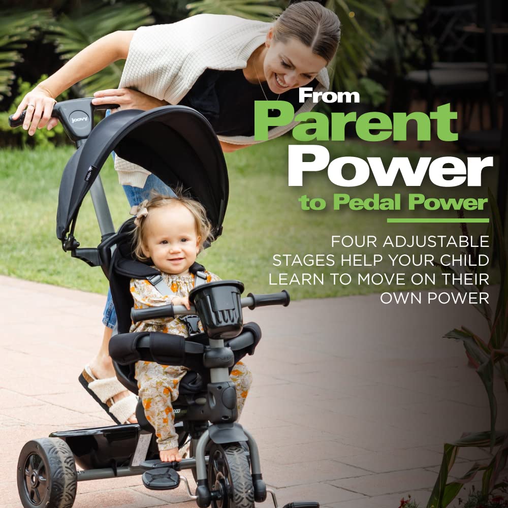 Joovy 4.1 Kids Tricycle with 4-Stages Featuring Extra-Wide Front Tire, Removable and Adjustable Parent Handle, Safety Harness, Machine-Washable Seat Pad, and Retractable Canopy (Black)