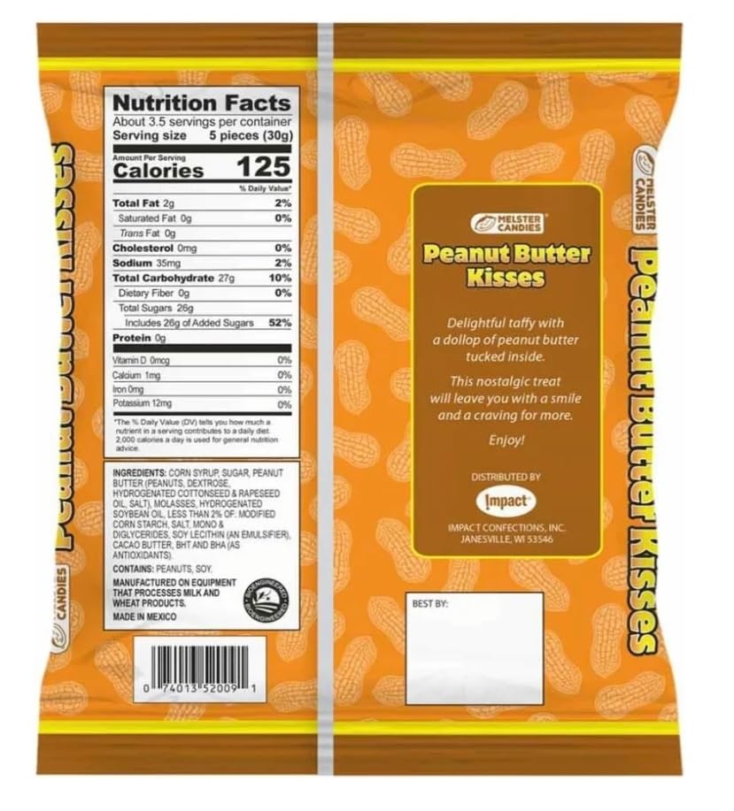 Melster Peanut Butter Kisses Taffy Candy-Fall/Halloween, Made With Real Peanut Butter-Gluten Free, No Cholesterol, Individually wrapped 3.5 Oz, (2 pack) bundled with A Halloween Themed Goodie Gift Box