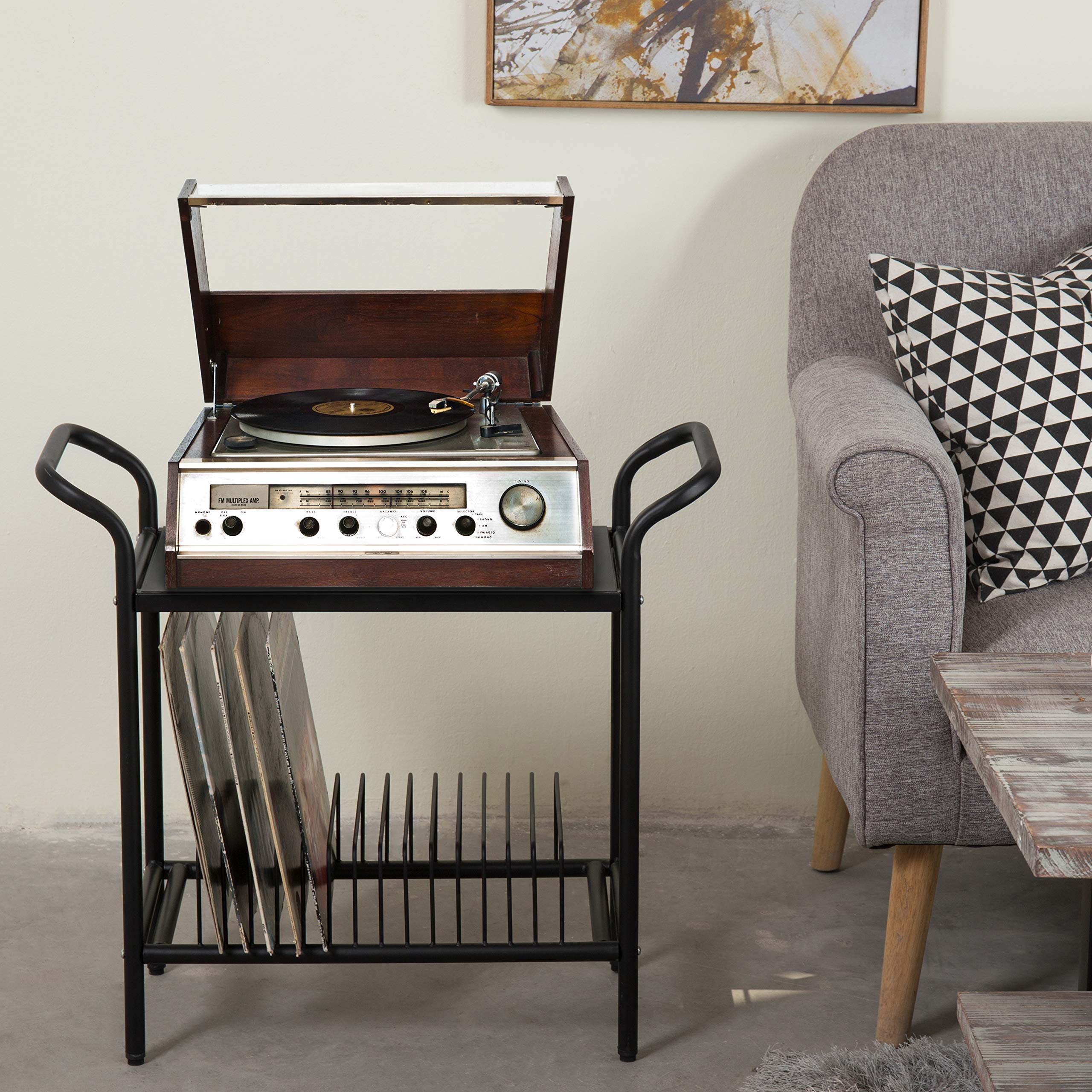 MyGift Modern Matte Black Metal Record Player Holder Stand with Vinyl Storage Organizer, Premium Quality 2 Tier Turntable Display Table Rack