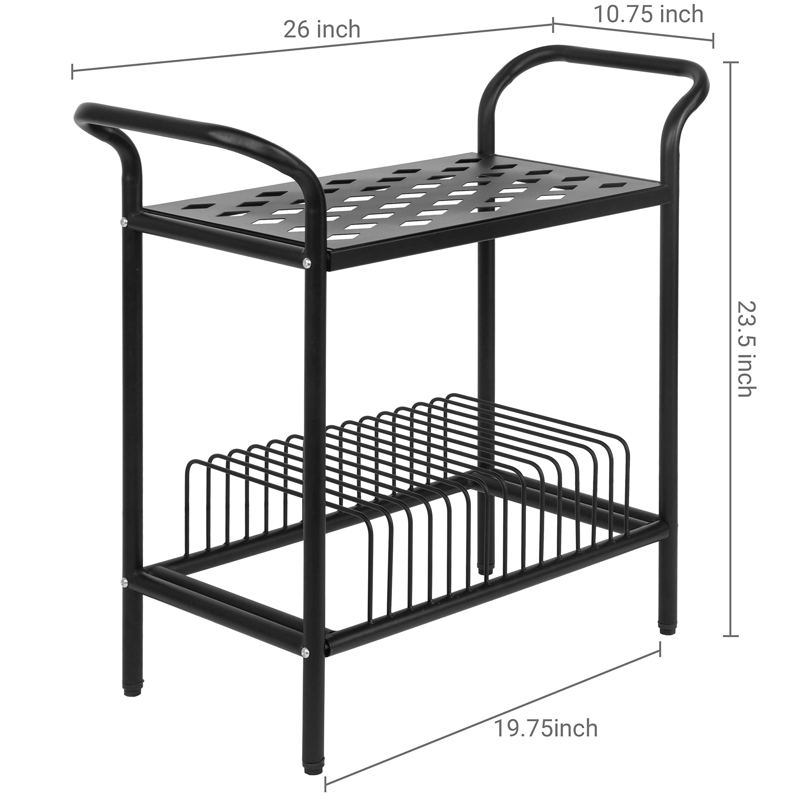 MyGift Modern Matte Black Metal Record Player Holder Stand with Vinyl Storage Organizer, Premium Quality 2 Tier Turntable Display Table Rack
