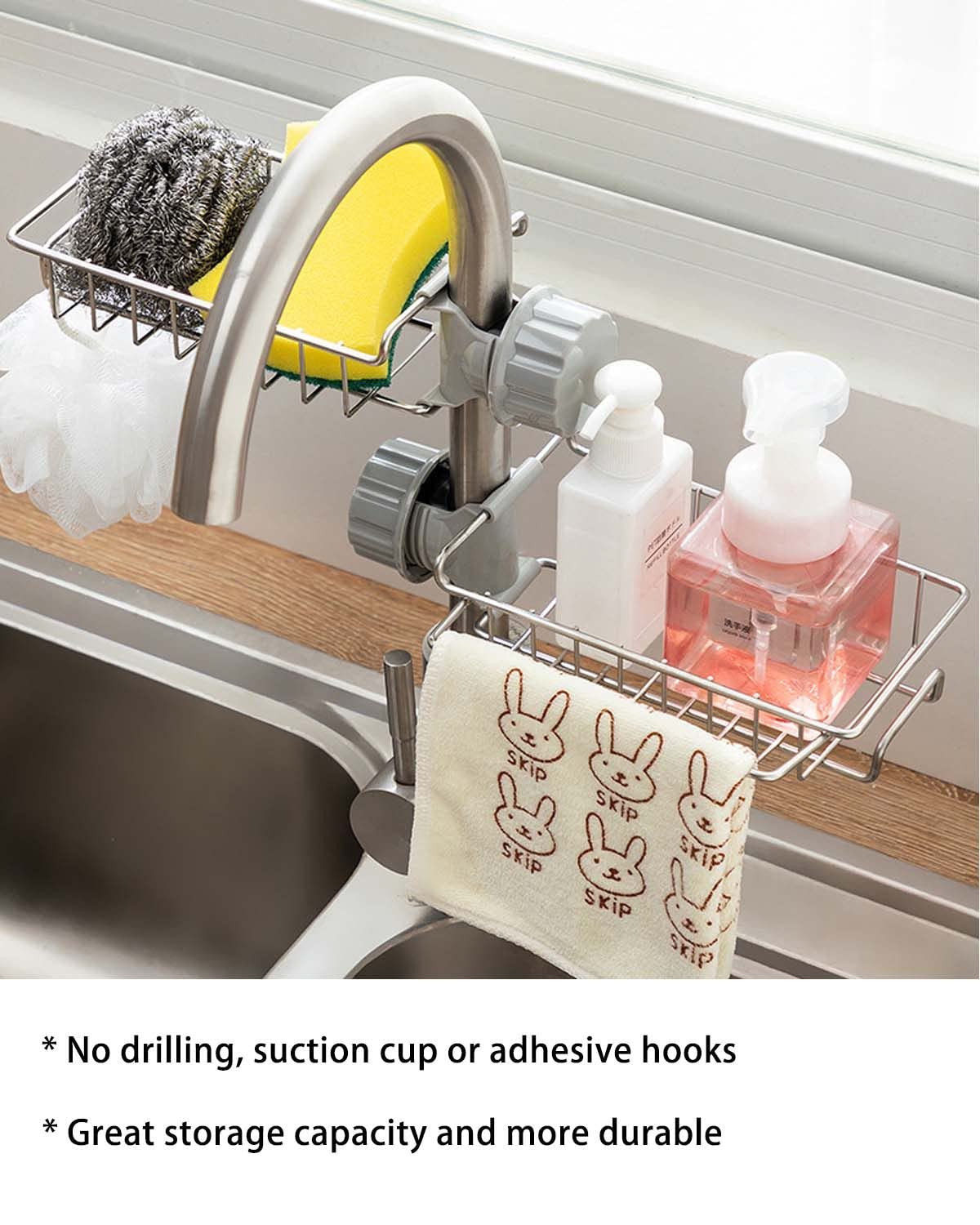 Enhydra 3 in 1 Sponge Holder for Kitchen Sink, Sink Area Saving Faucet Rack Stainless Steel Sink Caddy, Dish Rag Hanging