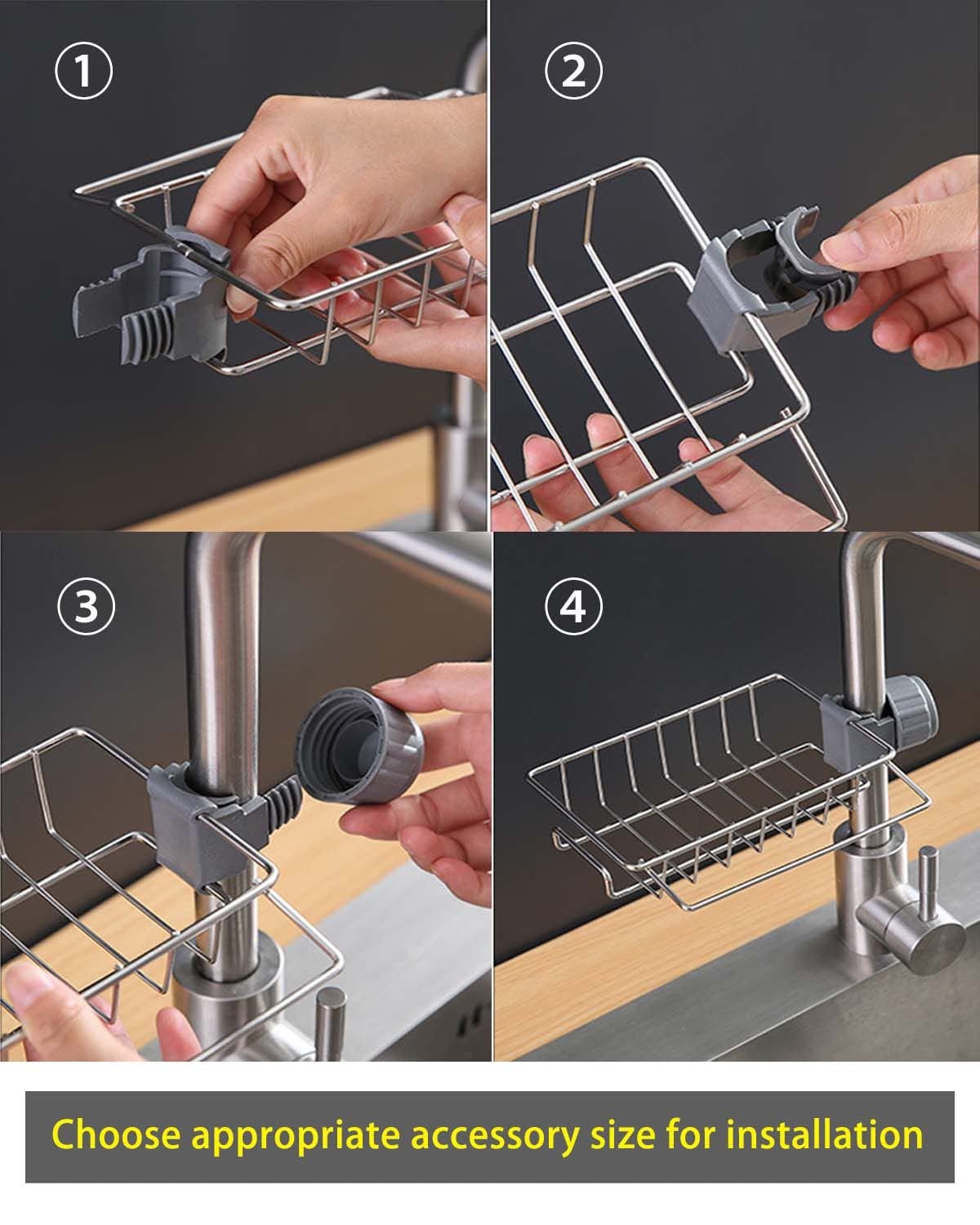 Enhydra 3 in 1 Sponge Holder for Kitchen Sink, Sink Area Saving Faucet Rack Stainless Steel Sink Caddy, Dish Rag Hanging