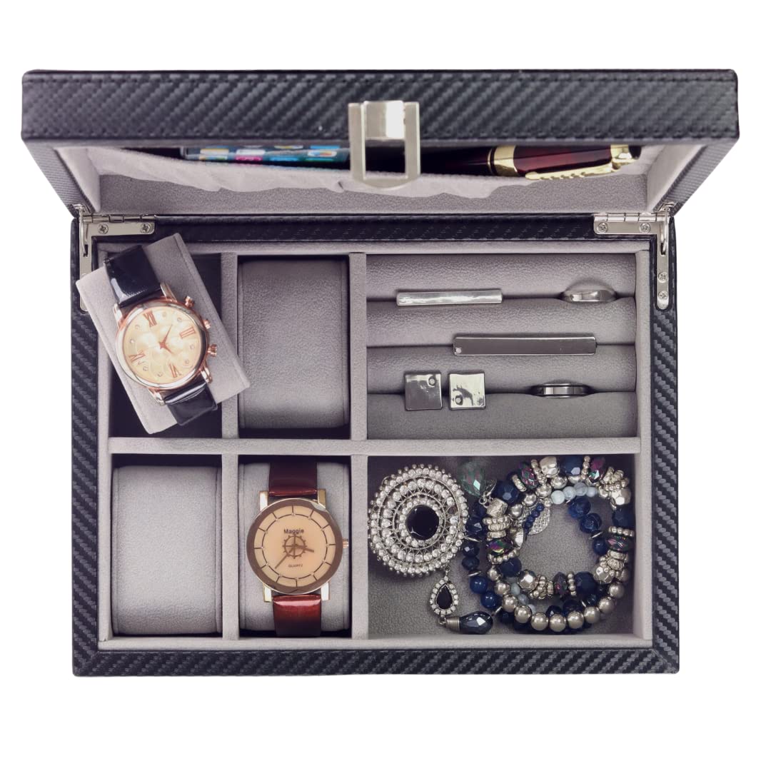 Decorebay Executive Leather Watch Box, Cufflink, Ring Storage Jewelry Box Organizer and Jewellery Box for Men (Crow)