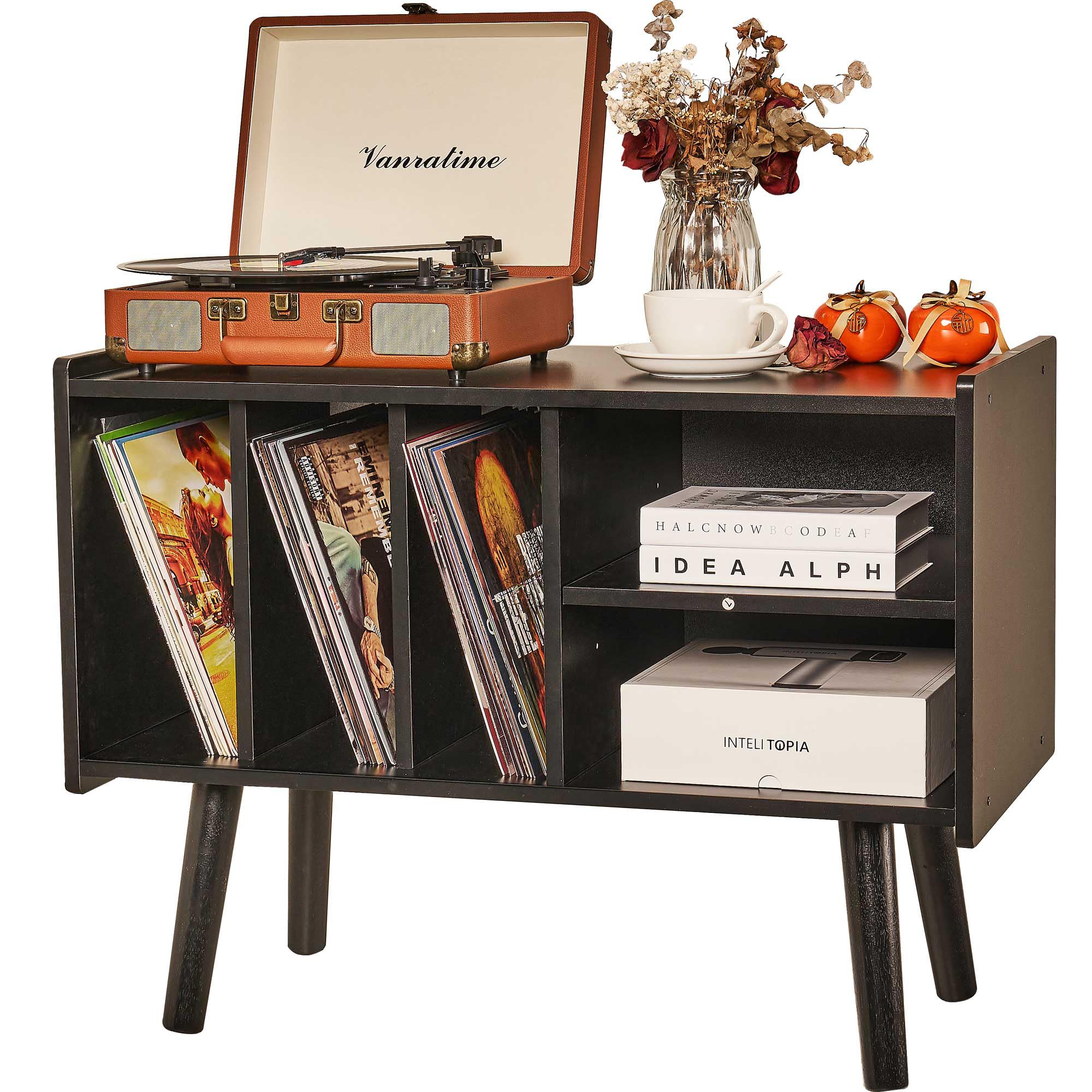 Record Player Stand with Vinyl Storage Holds Up to 300lb, Large Record Player Table Cabinet for Album Storage with Holder Vinyl Display Shelf, Wood Turntable Stand for Bedroom Living Room (Black)