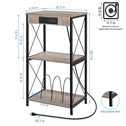 Vrisa 3-Tier Vinyl Record Storage Shelf Record Player Stand with Charging Station, Grey
