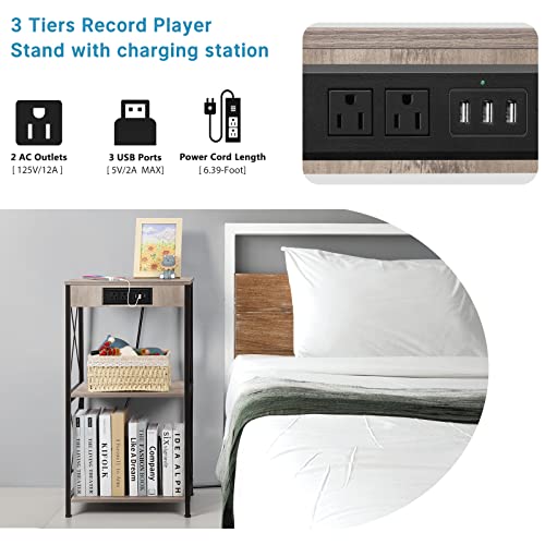 Vrisa 3-Tier Vinyl Record Storage Shelf Record Player Stand with Charging Station, Grey