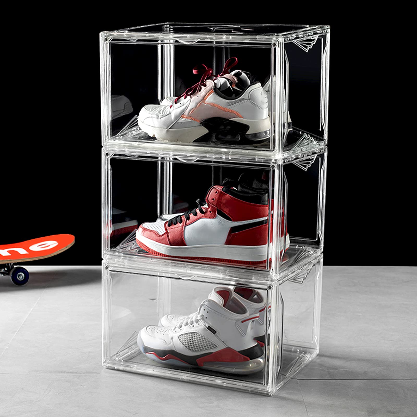 STAHMFOVER 3-Pack Clear Shoe Boxes Stackable Plastic Sneaker Box Container, Magnetic Side Open Shoe Organizer and Shoes Storage Case, Full Transparent Versatile Display Case for Hats/Models
