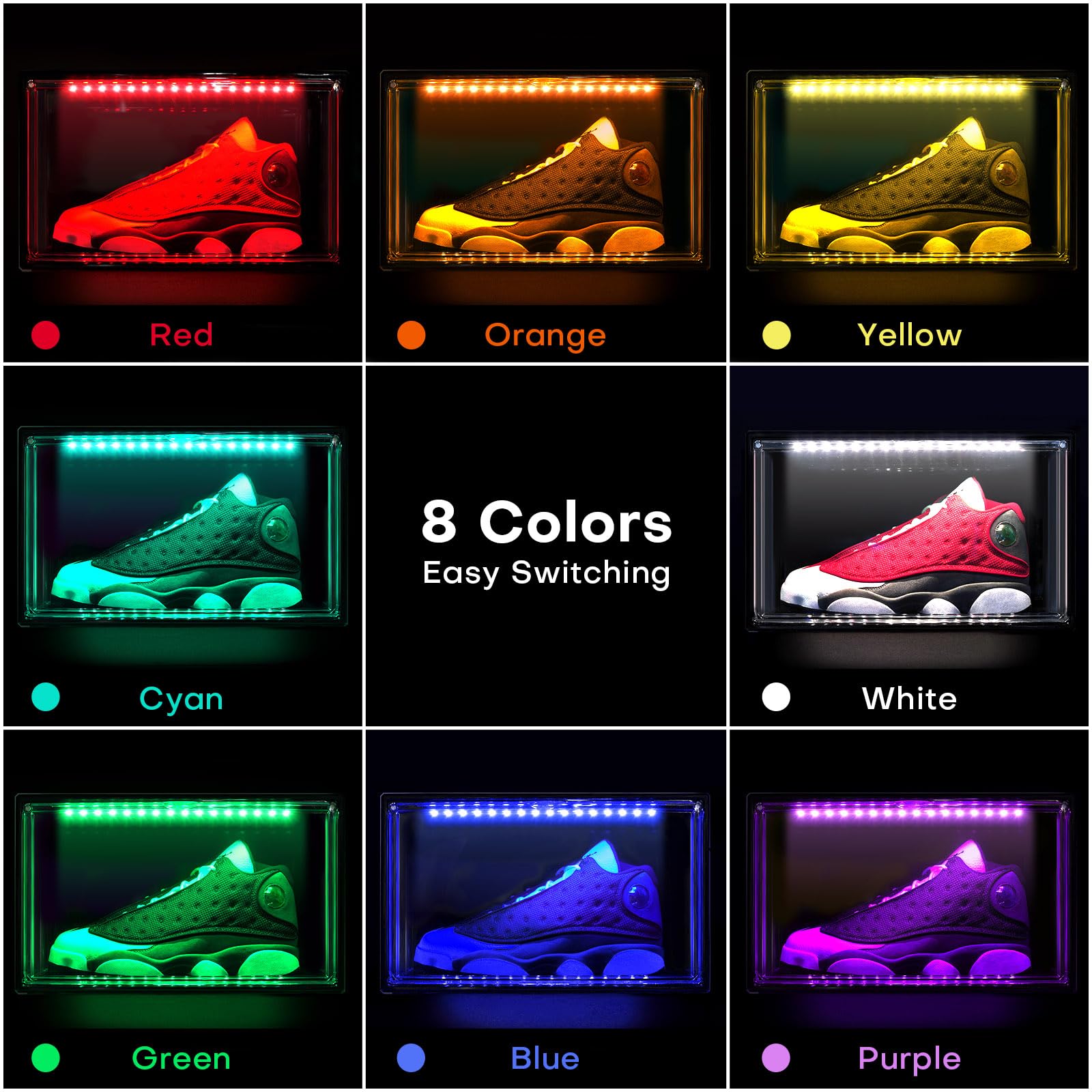 Shoe Storage Organizer for Closet, Foldable Shoe Boxes Rack 2 Pack, Clear Plastic Stackable Containers Bins Holder, Magnetic Sneaker Shelf for Sneakerheads with LED Lights (Black)