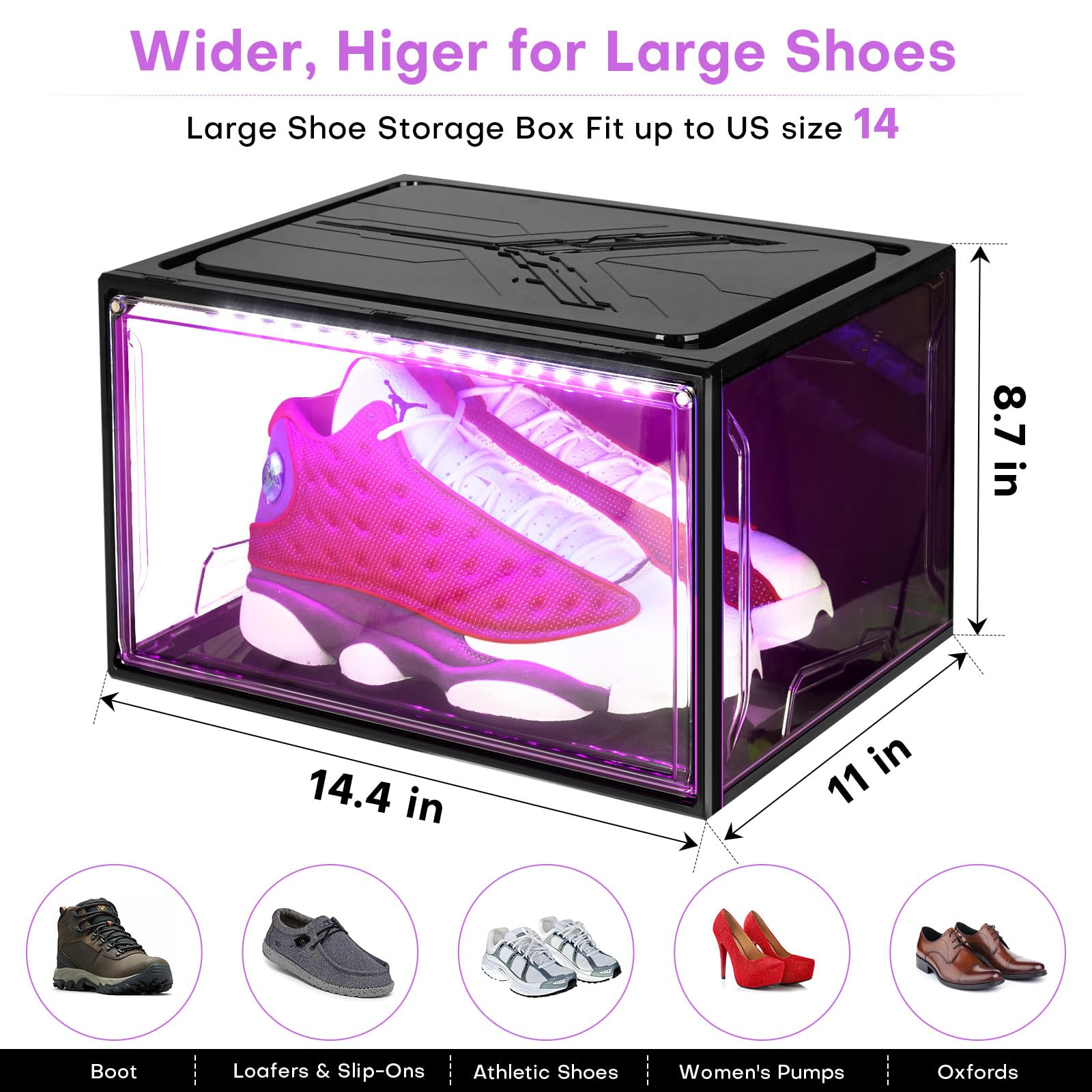 Shoe Storage Organizer for Closet, Foldable Shoe Boxes Rack 2 Pack, Clear Plastic Stackable Containers Bins Holder, Magnetic Sneaker Shelf for Sneakerheads with LED Lights (Black)