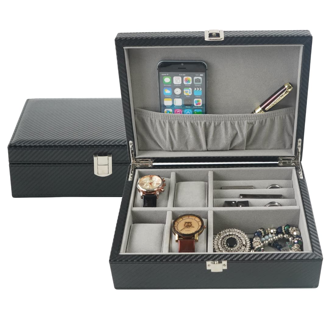 Decorebay Executive Leather Watch Box, Cufflink, Ring Storage Jewelry Box Organizer and Jewellery Box for Men (Crow)