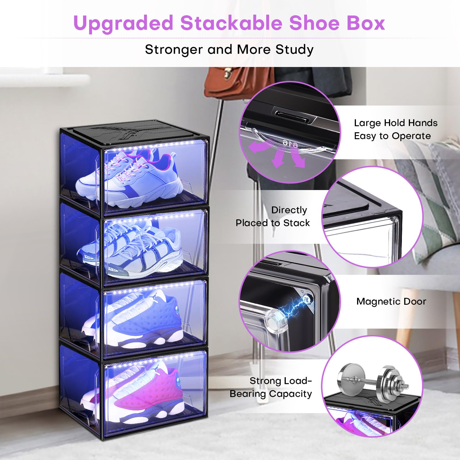 Shoe Storage Organizer for Closet, Foldable Shoe Boxes Rack 2 Pack, Clear Plastic Stackable Containers Bins Holder, Magnetic Sneaker Shelf for Sneakerheads with LED Lights (Black)