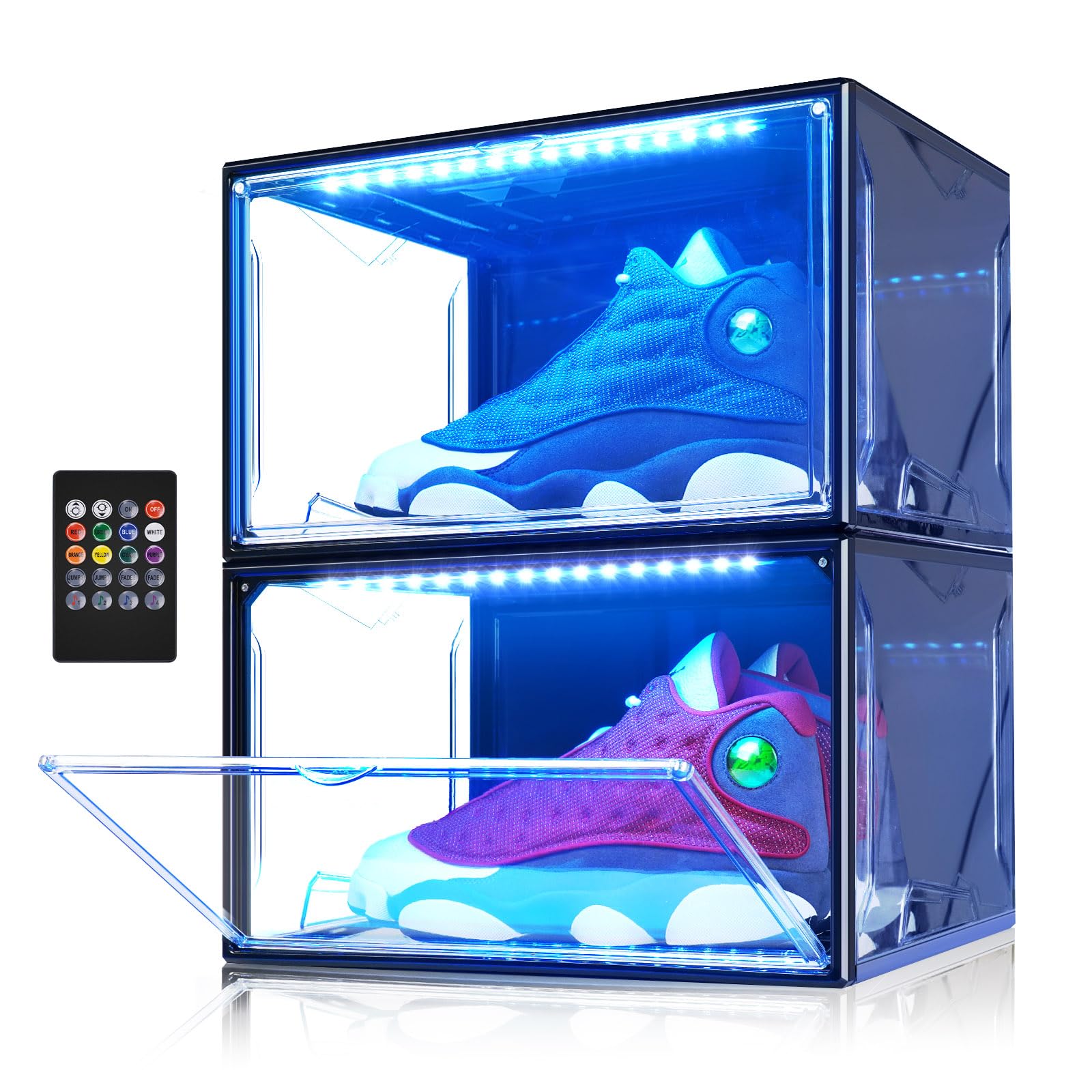 Shoe Storage Organizer for Closet, Foldable Shoe Boxes Rack 2 Pack, Clear Plastic Stackable Containers Bins Holder, Magnetic Sneaker Shelf for Sneakerheads with LED Lights (Black)