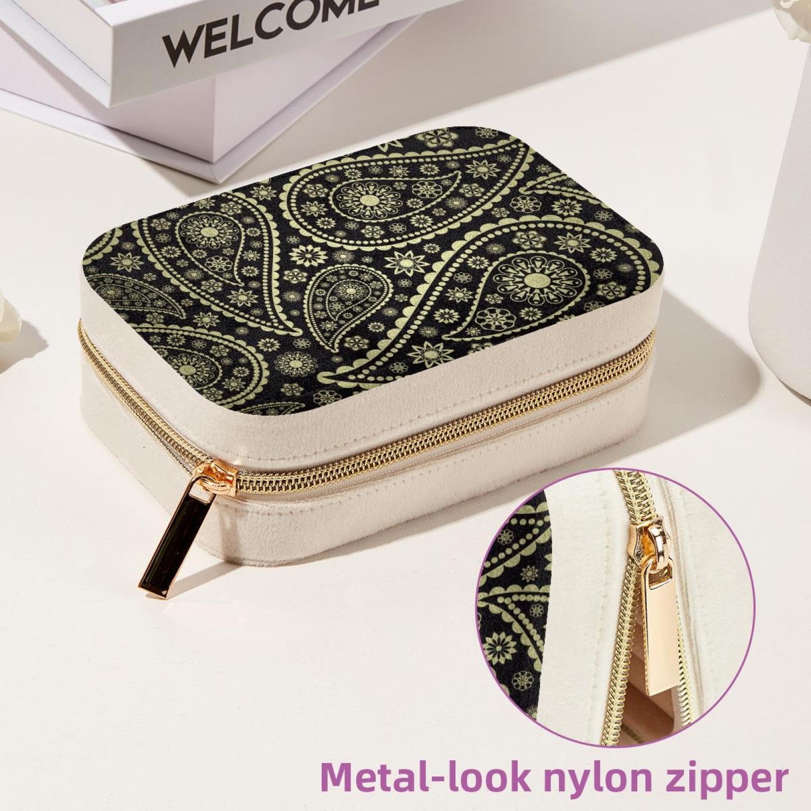 MUOOUM Gloden Paisley Pattern Small Jewelry Box, Double Layer Travel Jewelry Organizer for Women Girls