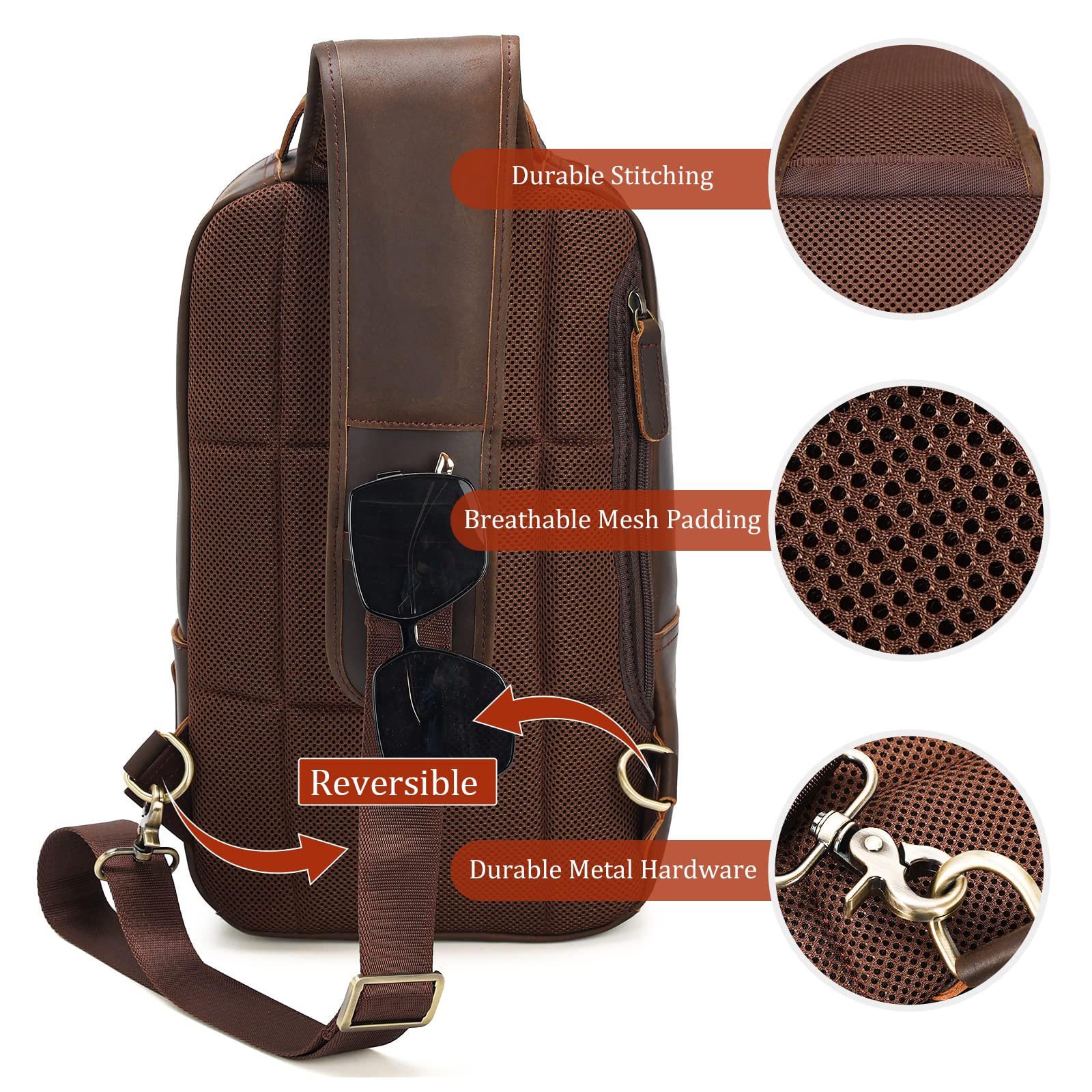 Polare Full Grain Leather Sling Chest Bag For Men Crossbody Travel Hiking School College Daypack