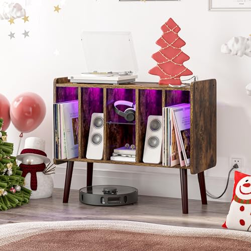 Tantmis LED Record Player Stand, Turntable Stand with Vinyl Record Storage, Mid Century Modern Record Player Table, Rustic Brown Record Player Cabinet with Power Outlet for Living Room, Bedroom