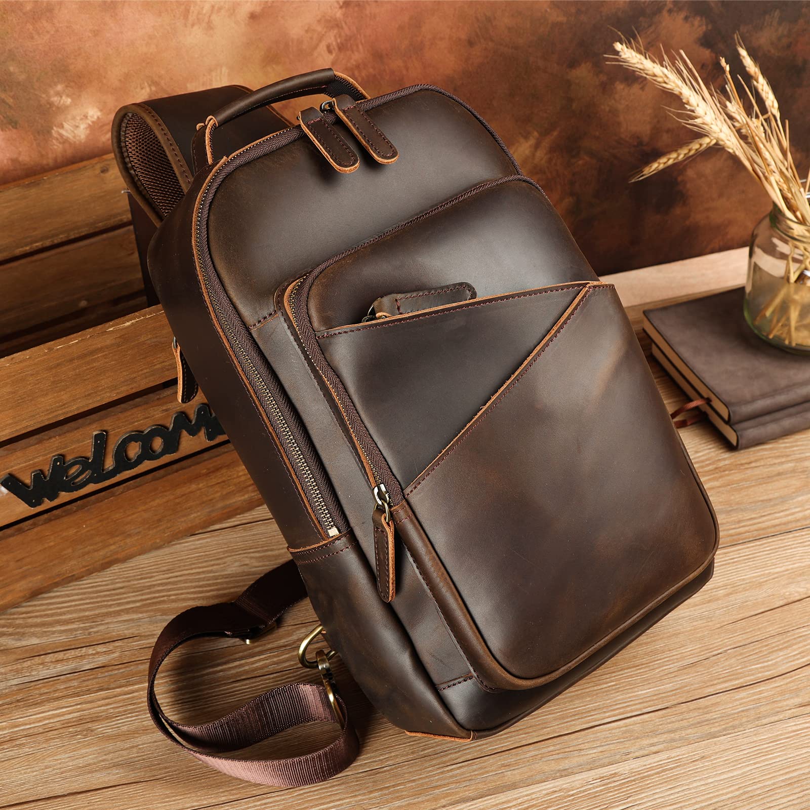 Polare Full Grain Leather Sling Chest Bag For Men Crossbody Travel Hiking School College Daypack