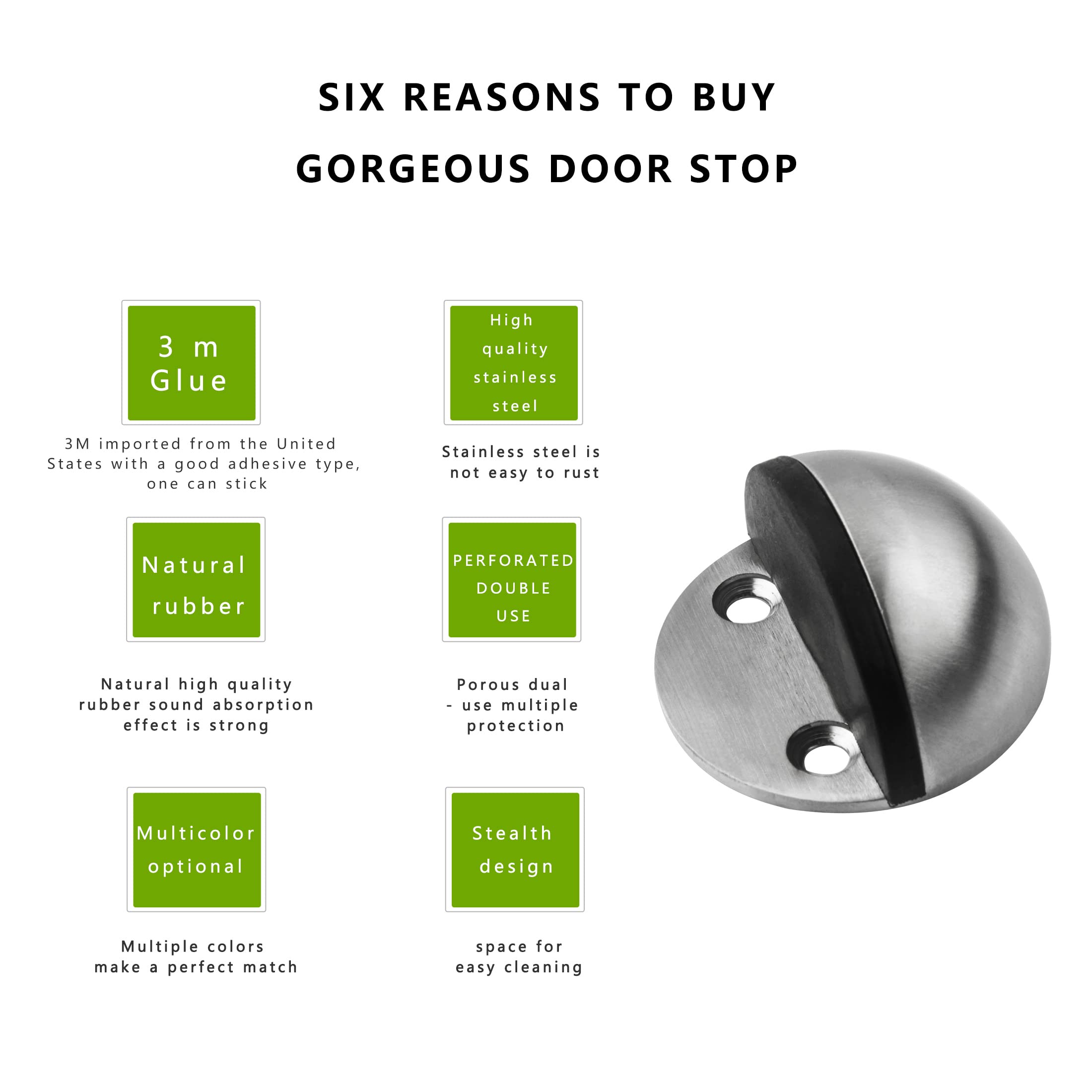 Techoln 4 Pack Door Stoppers, 3M Adhesive Door Holder Door Stop, Stainless Steel Door Stop for Home Hotel, Snowboard Hanger, No Need to Drill Floor Door Stop
