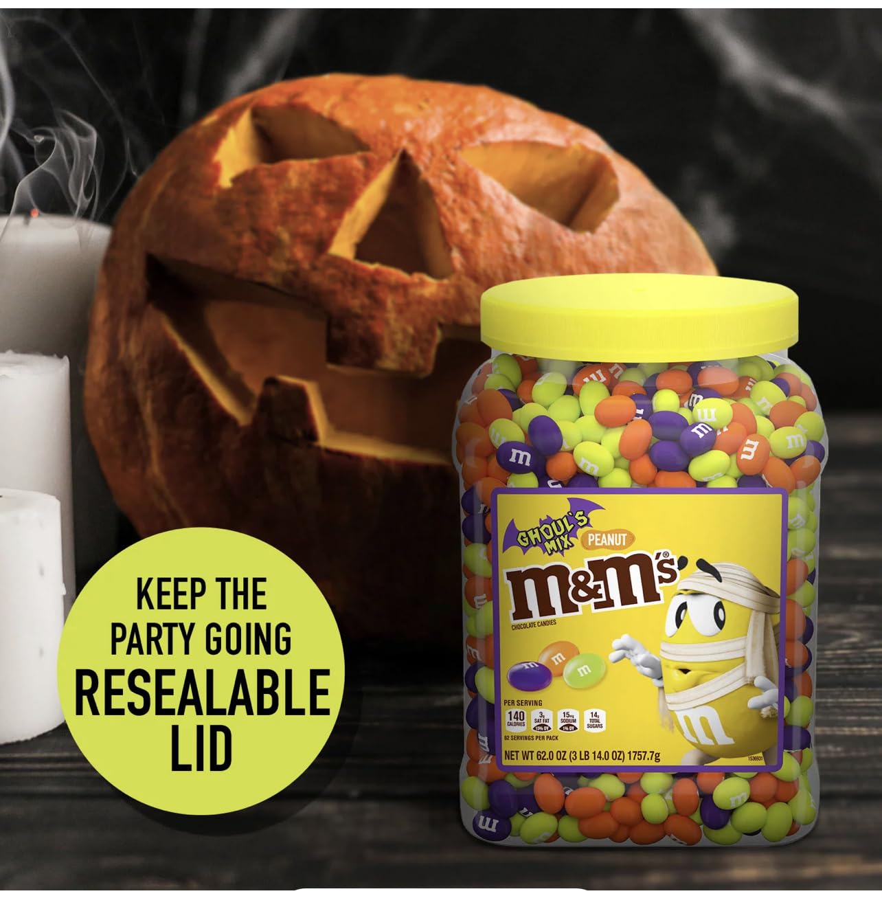 M&M'S Peanut Ghoul's Mix Bulk Chocolate Halloween Candy Resealable Jar (62 oz.) | Delicious Roasted Peanut Center Coated in Real Milk Chocolate | INCLUDES SameDay Shippers Branded Bag Clig and Treat Bag