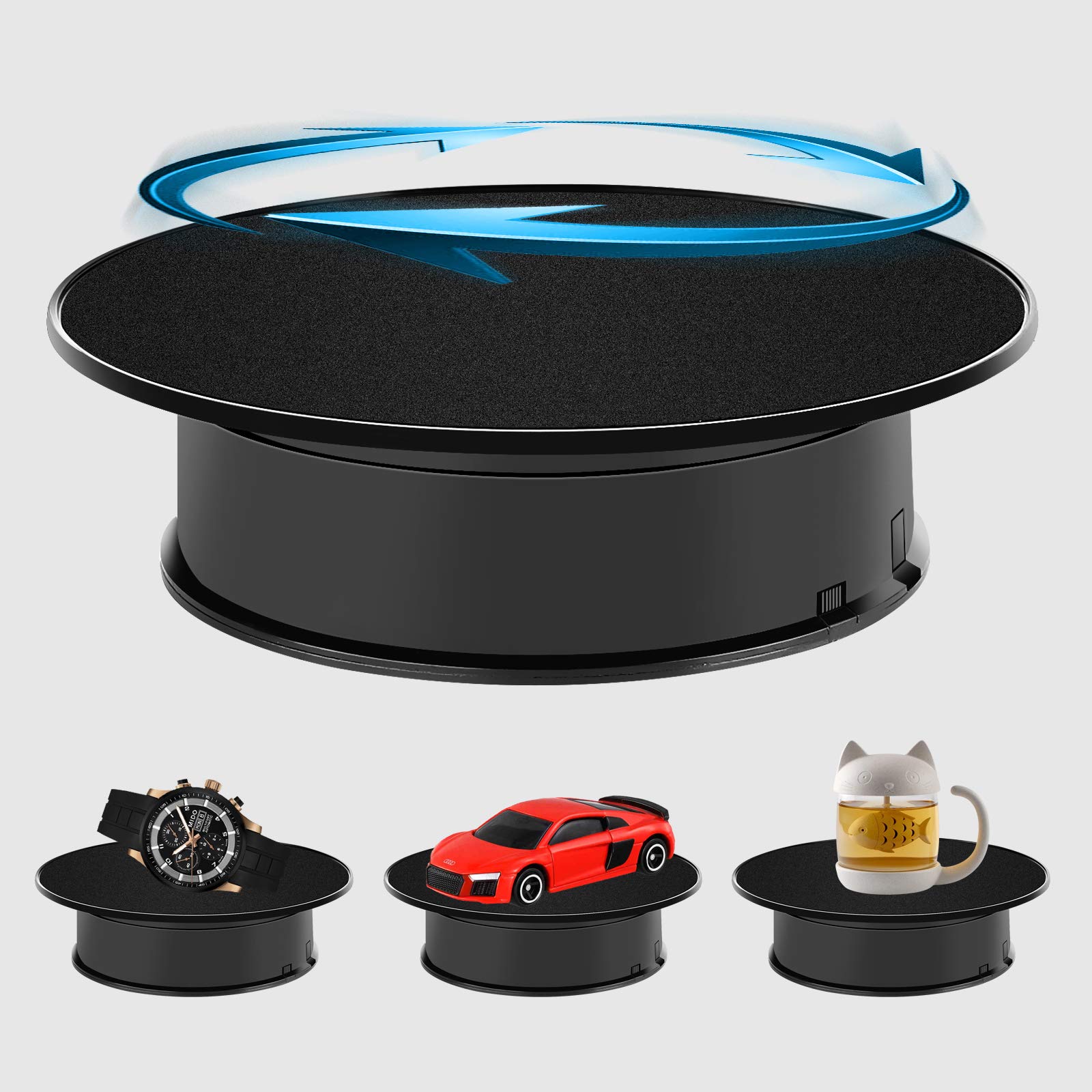 Inovat Upgrade 8" Ultra-Quiet Motorized Rotating Display Stand for Video Photography Products Display, 360 Degree Black Velvet Rotating Turntable for Jewelry 3D Models (Battery Operated, 10LB LOAD)