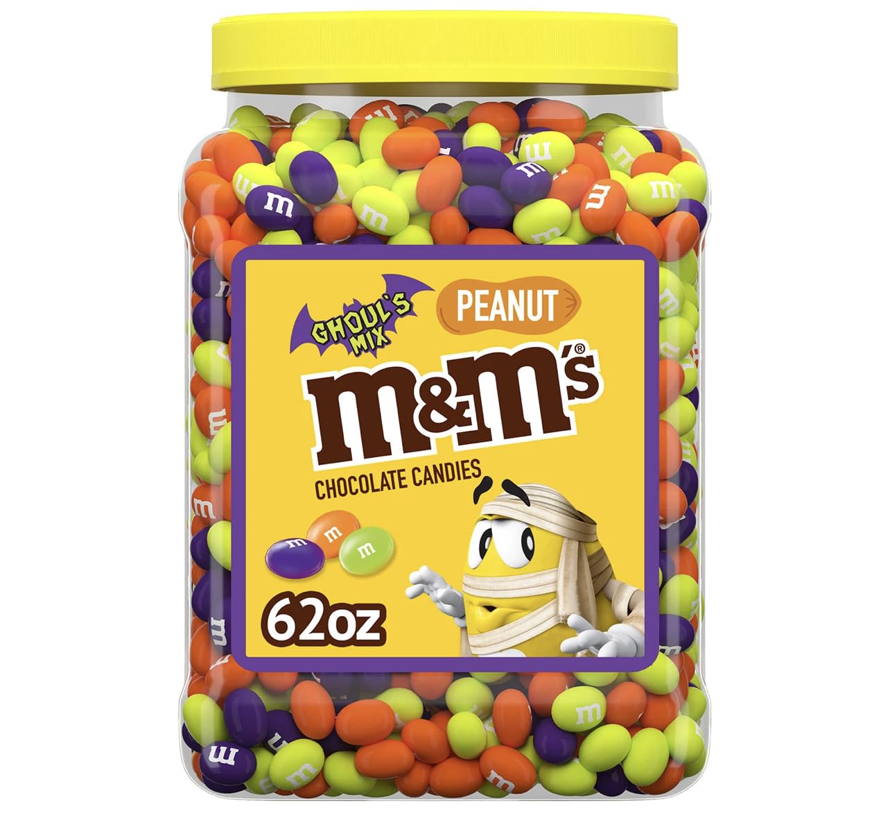 M&M'S Peanut Ghoul's Mix Bulk Chocolate Halloween Candy Resealable Jar (62 oz.) | Delicious Roasted Peanut Center Coated in Real Milk Chocolate | INCLUDES SameDay Shippers Branded Bag Clig and Treat Bag