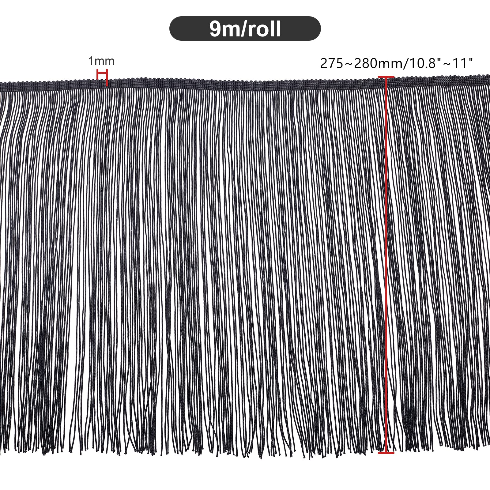 OLYCRAFT 10.4 Yards Polyester Tassel Fringe Trim 11 inch Wide Sewing Fringe Trim Lace Long Lenth Polyester Tassel for DIY Latin Dress - Black