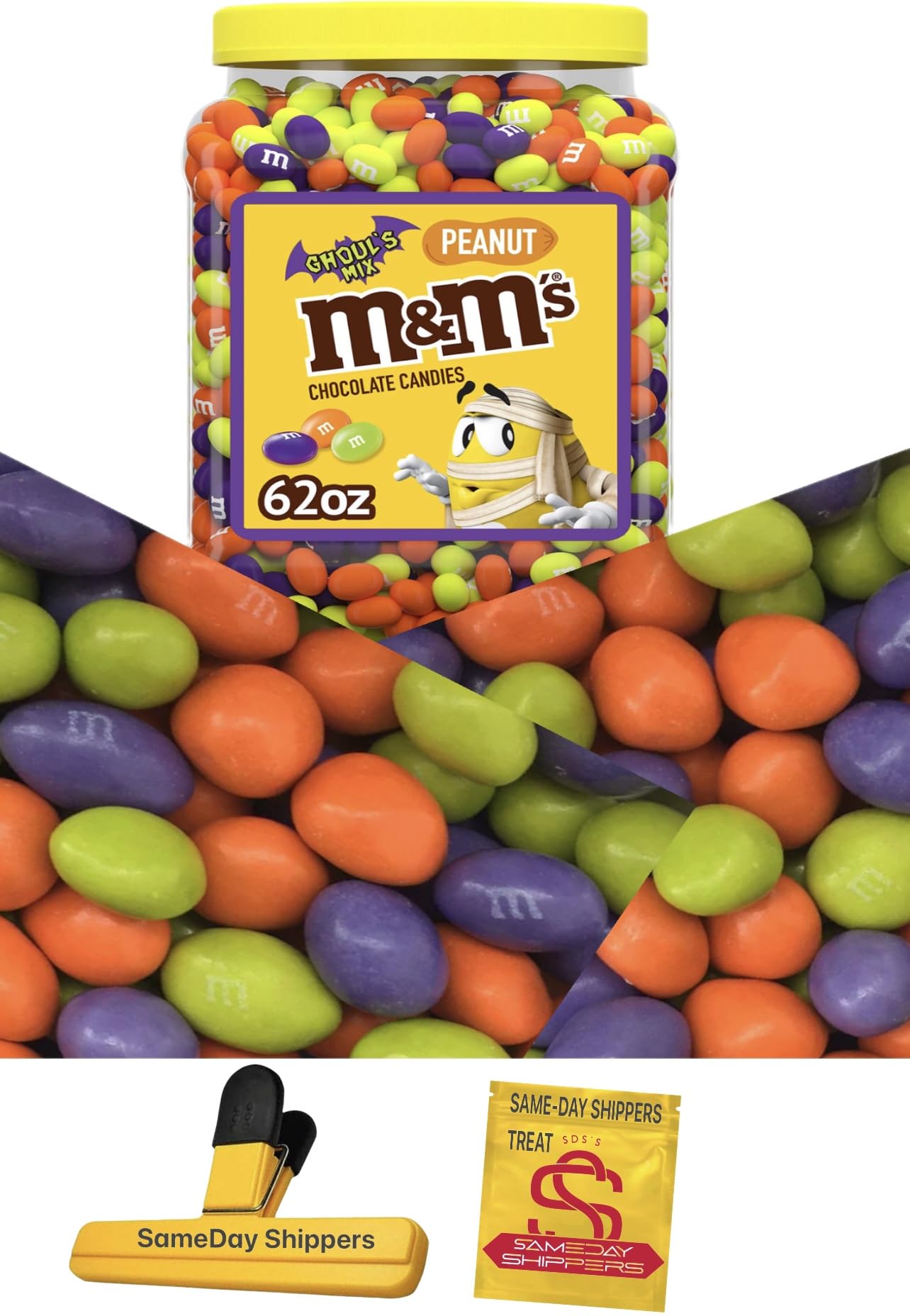 M&M'S Peanut Ghoul's Mix Bulk Chocolate Halloween Candy Resealable Jar (62 oz.) | Delicious Roasted Peanut Center Coated in Real Milk Chocolate | INCLUDES SameDay Shippers Branded Bag Clig and Treat Bag