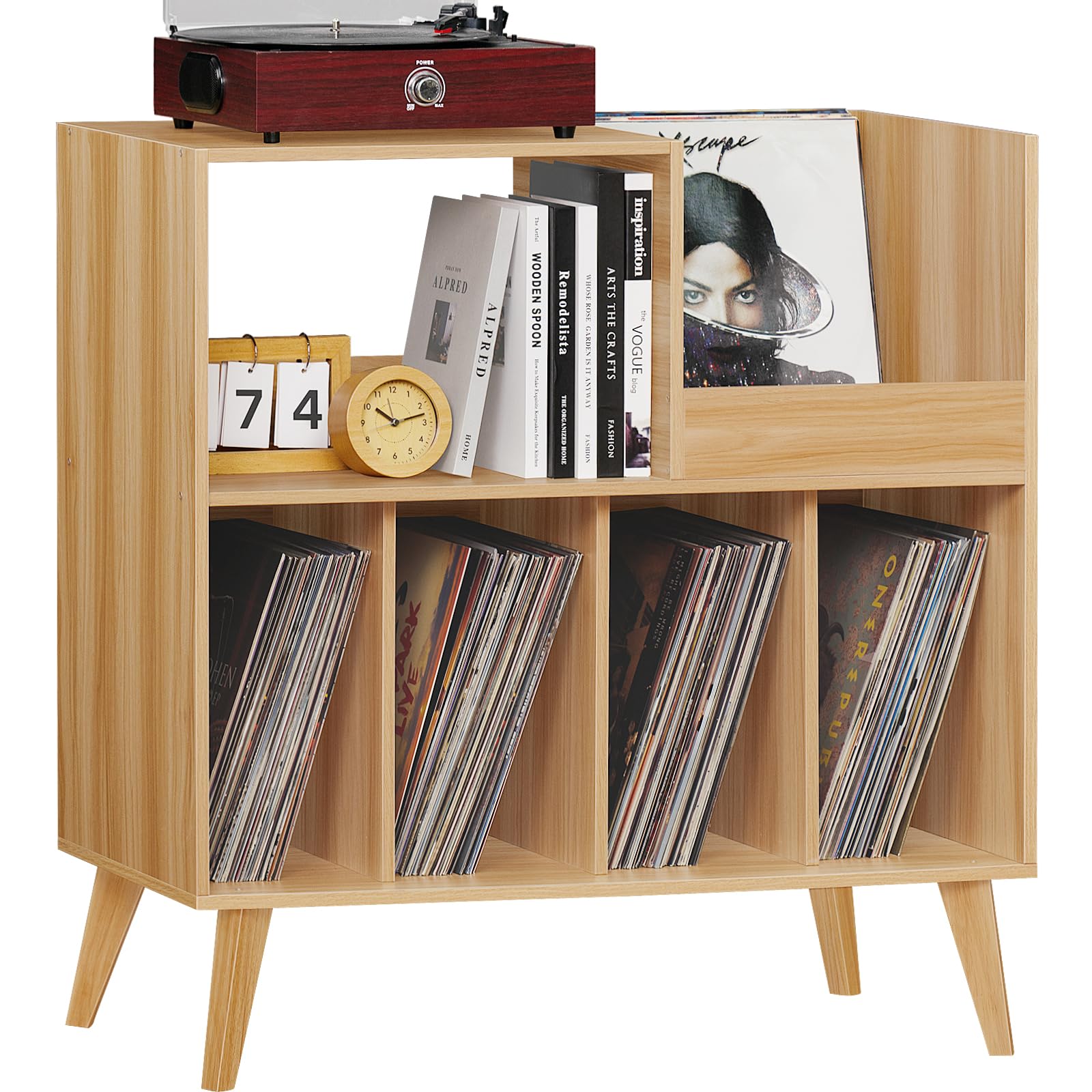 LELELINKY Large Record Player Stand, Turntable Stand with Storage, Vinyl Record Holder with Display Area, Record Player Table Holds Up to 300 Albums, Record Stand for Music room Living Room-Natural