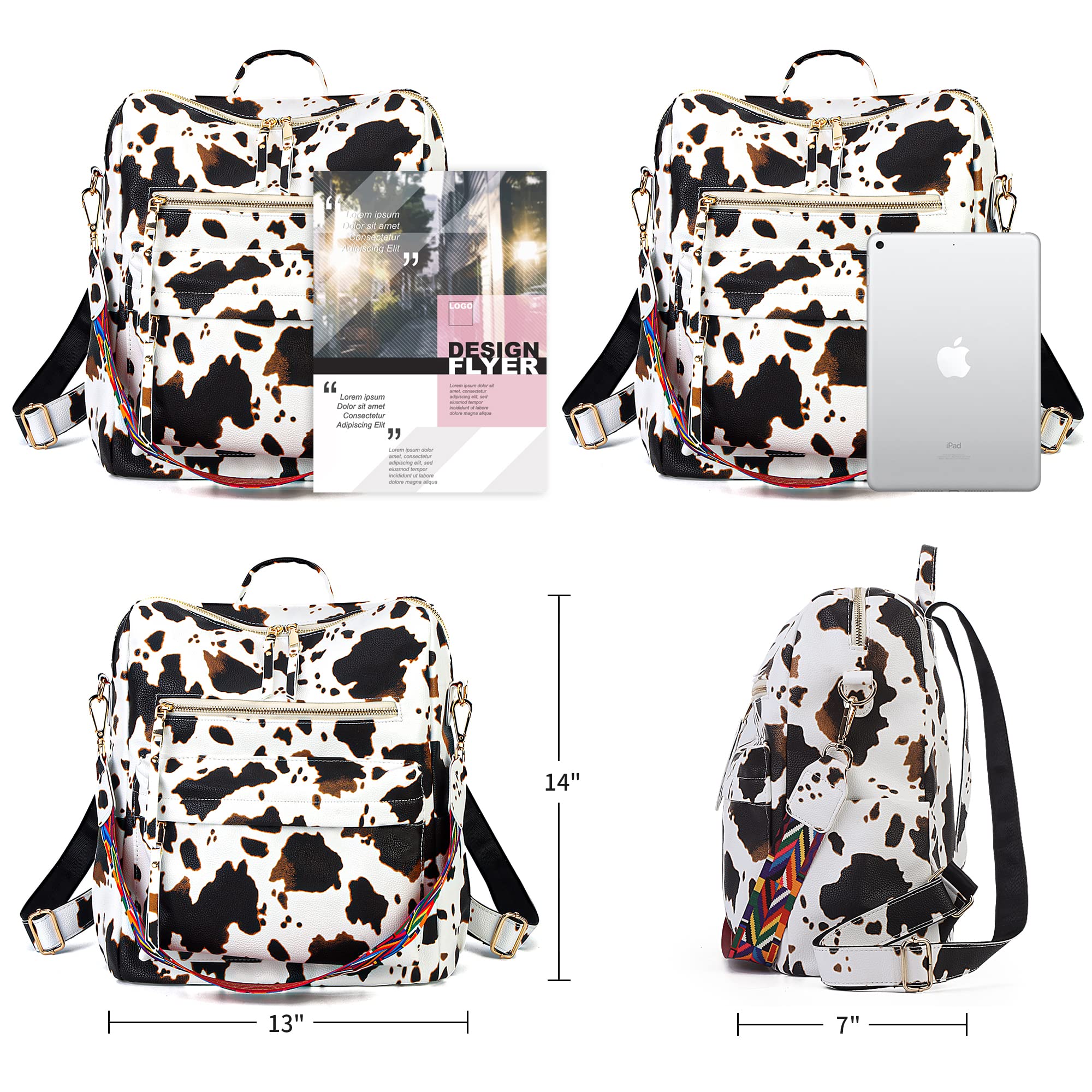 KOOIJNKO Women Backpack Purse Vintage Rucksack Convertible Shoulder Bag Travel Daypack, 2 Pack Cow OffWhite