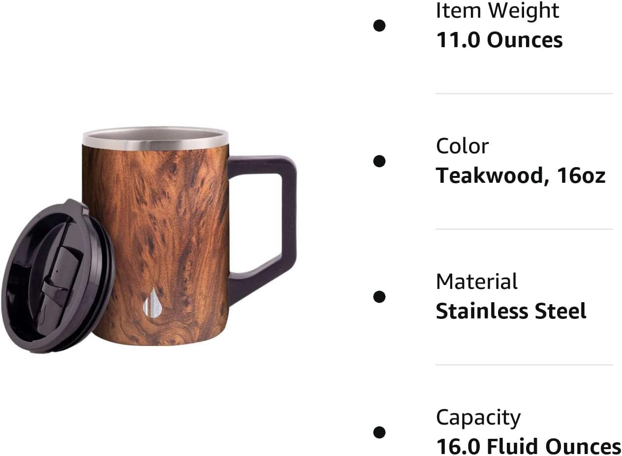 Elemental Summit Coffee Mug with Lid & Handle, Insulated Camp Mug, Triple Wall Stainless Steel Mug with Copper Lining, Hot and Cold Coffee Tumbler up to 6 Hours Hot and 18 Hour Cold, 16oz - Teakwood