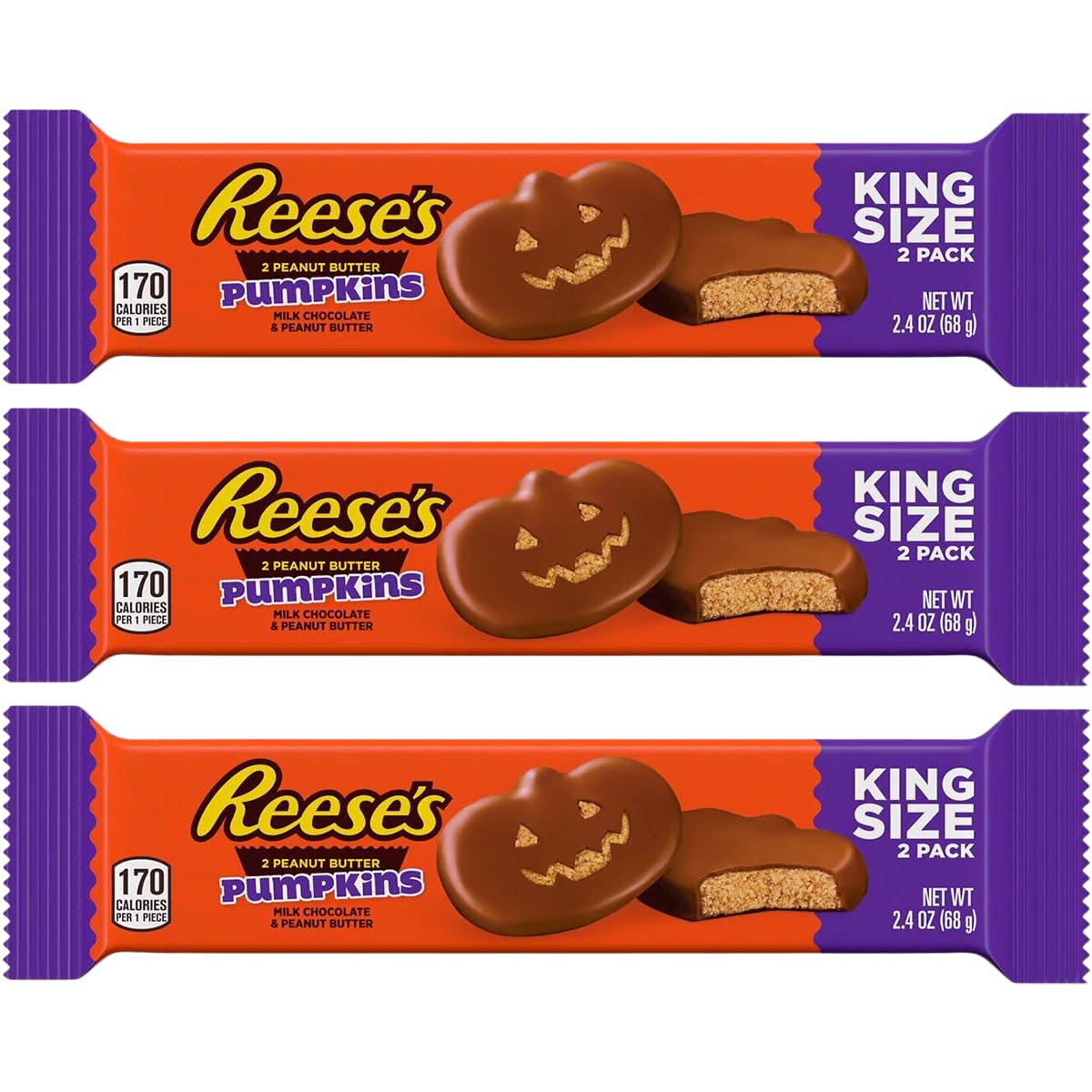 Reese’sHalloween Peanut Butter Pumpkin Cups King Size Pack of 3 - Delicious Treats ReesesHalloween Candy KingSize Bars for Spooktacular Festivities - Great for Kids and Adults 2.8 Oz, 170 Calories