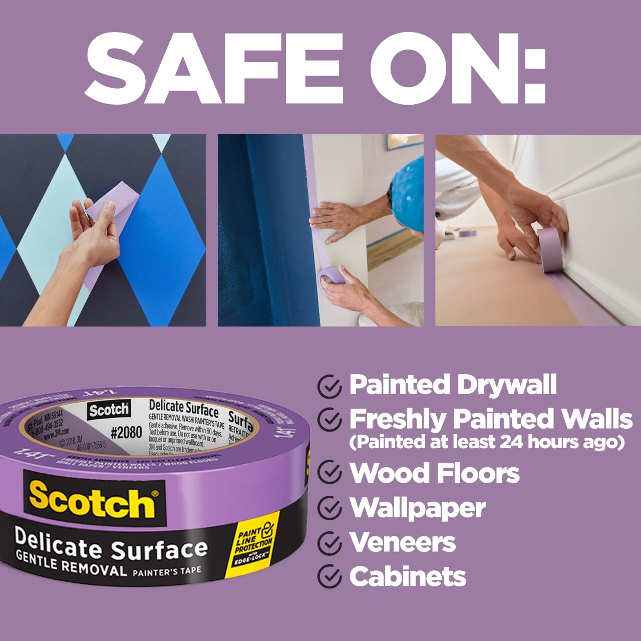 Scotch 2080EL-24E ScotchBlue Delicate Surfaces Painters Tape, 0.94" Width x 60 yd, Purple