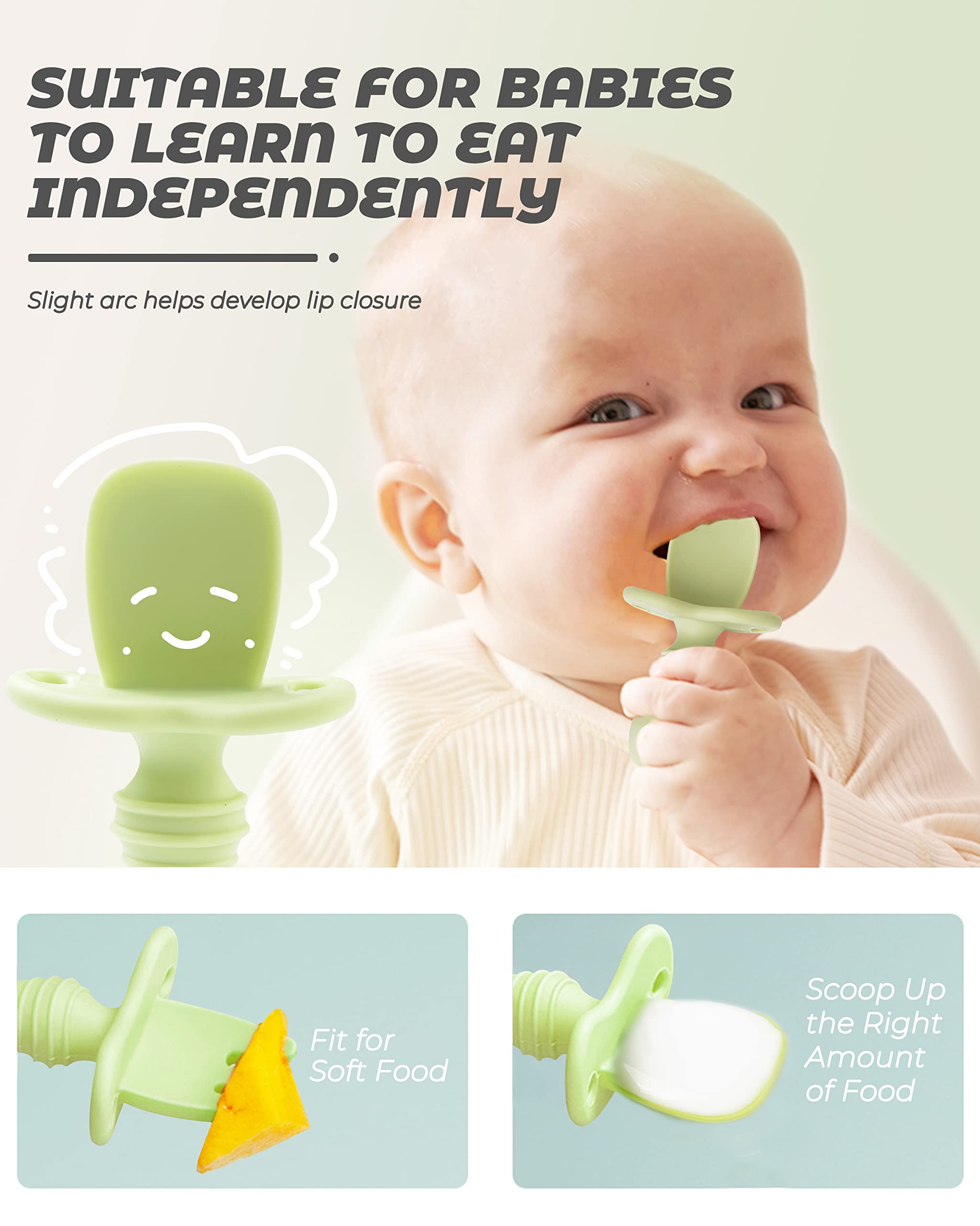 4 Pcs Baby Spoons Self Feeding 6 Months, Silicone Baby Spoons First Stage and Baby Fork, Toddler Utensils for Baby Led Weaning with 2 Cases (Green, Grey)