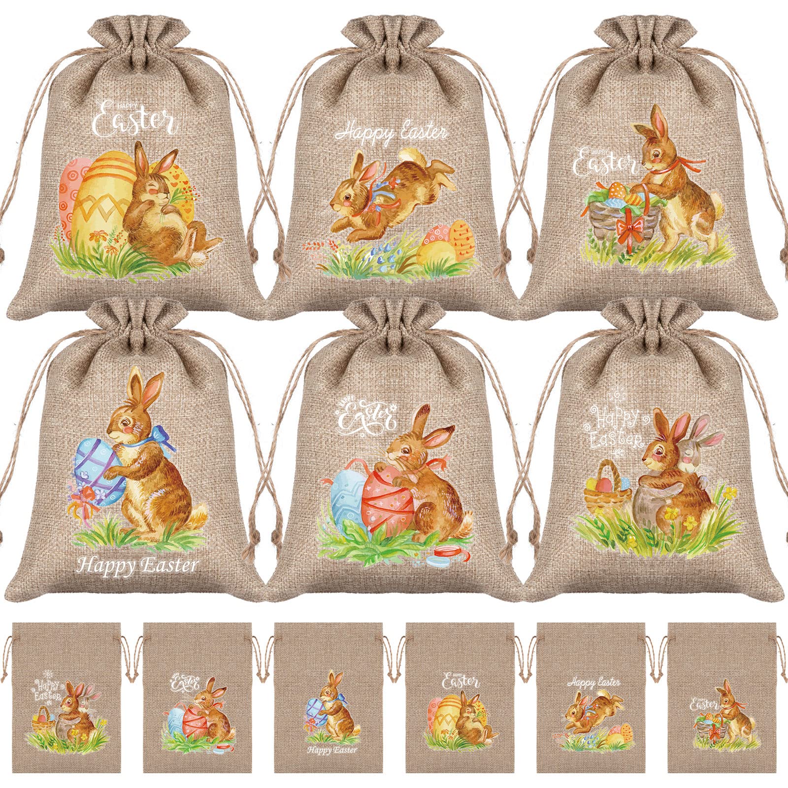 Whaline 24Pcs Easter Burlap Gift Bag Linen Jute Drawstring Bag 5.9 x 7.9 Inch Easter Bunny Rabbit Gift Pouch Bag Rustic Hunt Bag for Party Favor DIY Craft