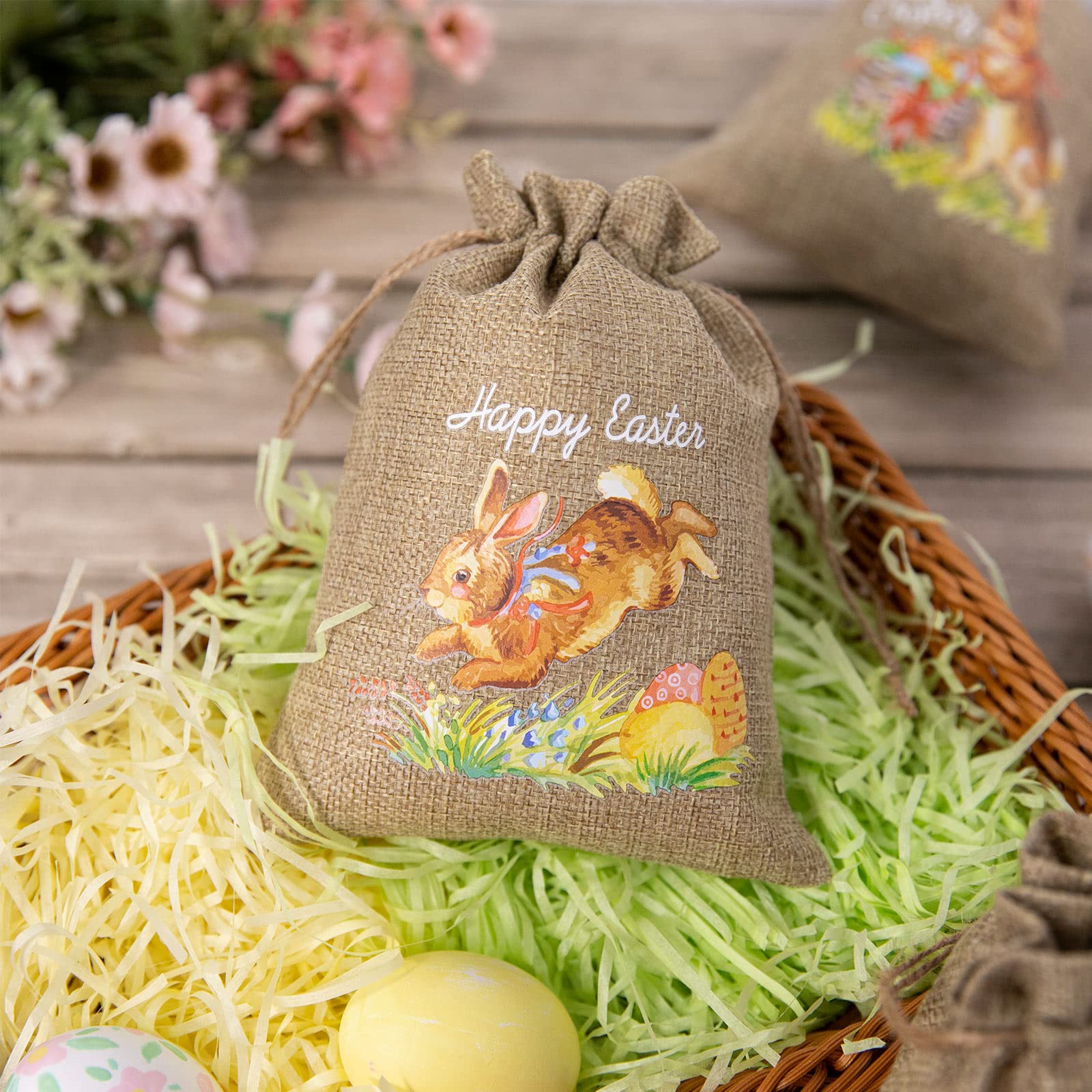 Whaline 24Pcs Easter Burlap Gift Bag Linen Jute Drawstring Bag 5.9 x 7.9 Inch Easter Bunny Rabbit Gift Pouch Bag Rustic Hunt Bag for Party Favor DIY Craft