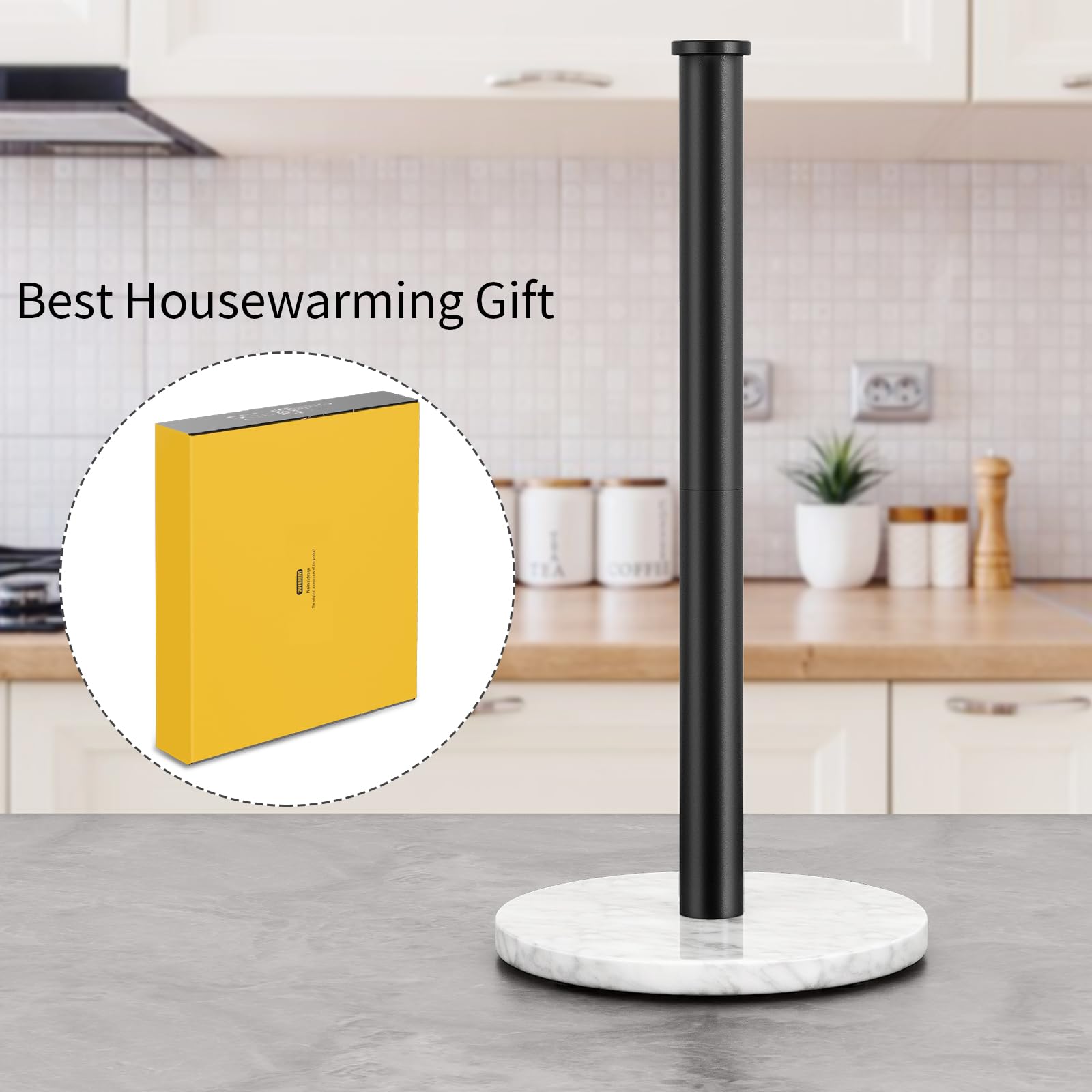 Paper Towel Holder Countertop, Jesginboo Kitchen Paper Towel Holder Stand with Natural Marble Base for Standard and Large Size Rolls (Black, 1 Pack)