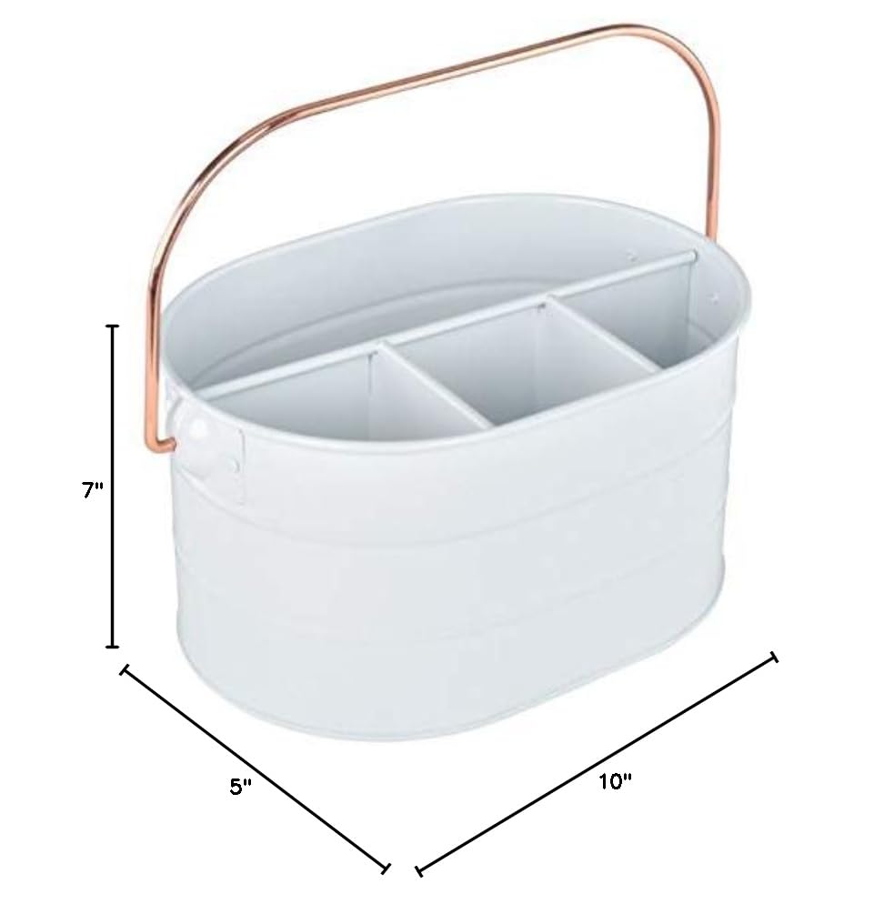 Red Co. 10" x 7" Enameled Metal Utensil Caddy & Countertop Flatware Organizer with Handle, Farmhouse White/Rose Gold