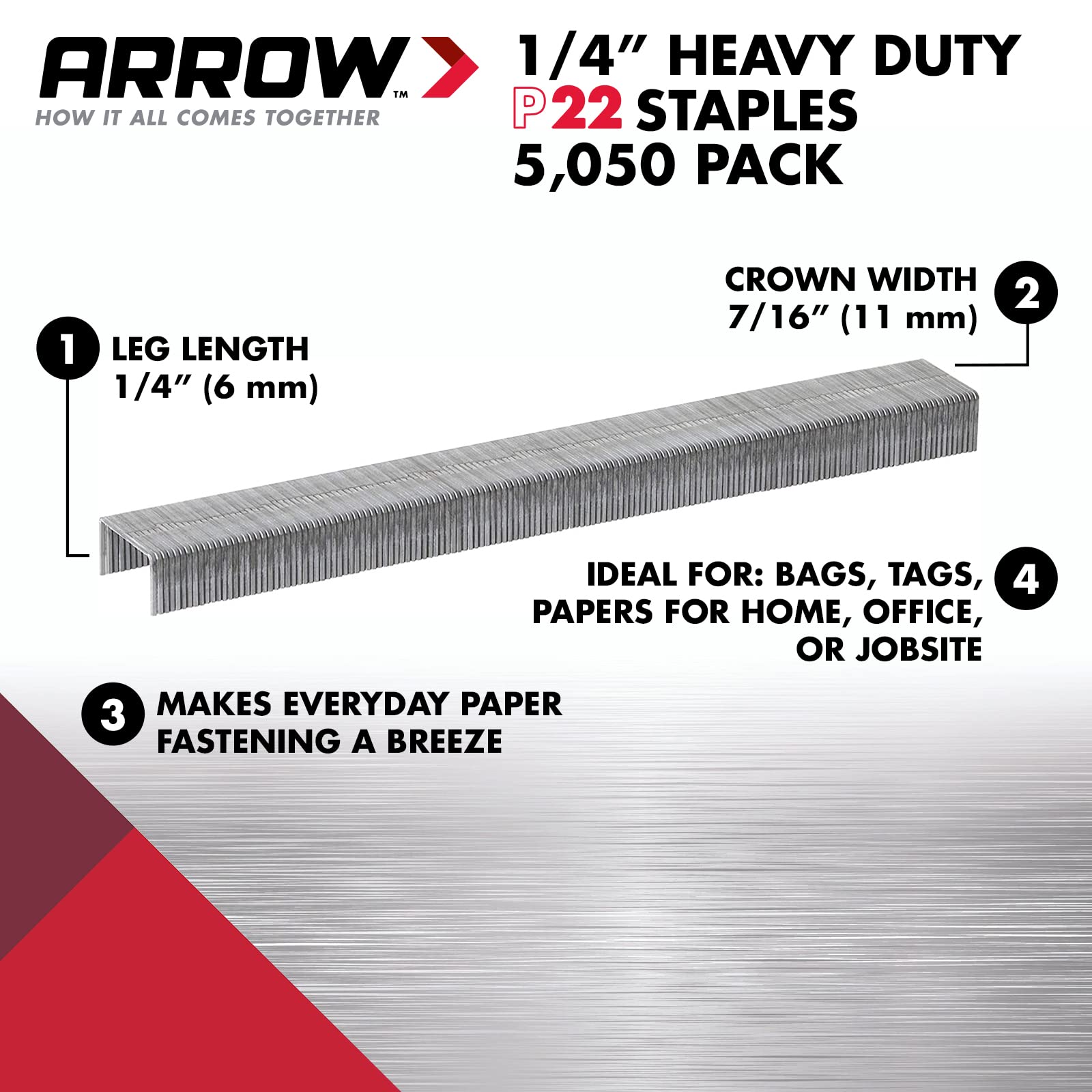 Arrow 224 Heavy Duty P22 Staples for Use with Plier-Type Paper and Bag Staplers in Restaurants, Offices, Classrooms, 5050-Pack, 1/4-Inch