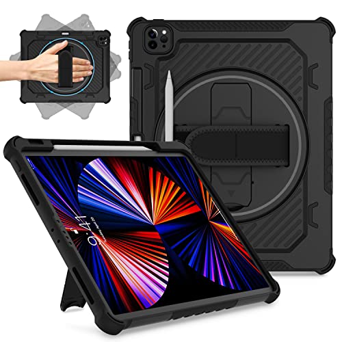 TASSKTO for iPad Pro 12.9 inch Case(6th 5th 4th 3rd Generation) with 360 Kickstand Hand Strap Pen Holder, Dual Layer Shockproof iPad Pro 12.9 Case for Kids