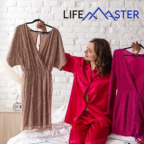 Lifemaster Velvet Non-Slip Plastic Hanger Set - 50 Pieces Non-Slip Clothes Hanger Set with 360° Swivel Hook, Space-Saving, Sleek Design, Smooth Velvet Finish, Lightweight Construction - Black