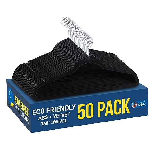 Lifemaster Velvet Non-Slip Plastic Hanger Set - 50 Pieces Non-Slip Clothes Hanger Set with 360° Swivel Hook, Space-Saving, Sleek Design, Smooth Velvet Finish, Lightweight Construction - Black