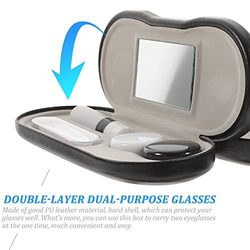 Healifty Contact Lens Case and Glasses Case - 2 in 1 Double Sided Eye Contact Case with Built-in Mirror, Tweezer and Contact Solution Bottle - Portable Contact Lens Storage Box for Travel, Black