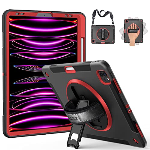 GEEKSDOM iPad Pro 12.9 Case 6th Generation 2022: Military Grade Heavy Duty Shockproof Cover for iPad Pro 12.9 Inch 2021 5th Gen-Pencil Holder-Rotating Stand-Hand/Shoulder Strap-Red