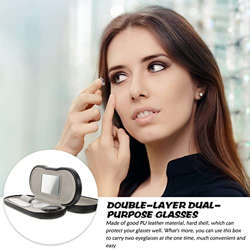 Healifty Contact Lens Case and Glasses Case - 2 in 1 Double Sided Eye Contact Case with Built-in Mirror, Tweezer and Contact Solution Bottle - Portable Contact Lens Storage Box for Travel, Black