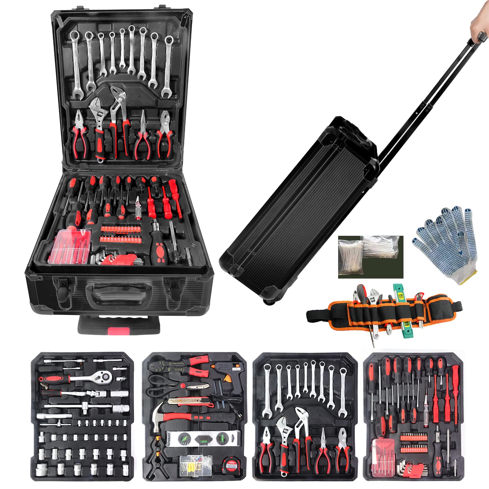 Tool Sets for Men, Tool Box with Tools, Tool Kit with Rolling Tool Box, Complete Tool Box Set,Household Tool Set, Aluminum Trolley Case Tool Setas, Gift on Father's Day