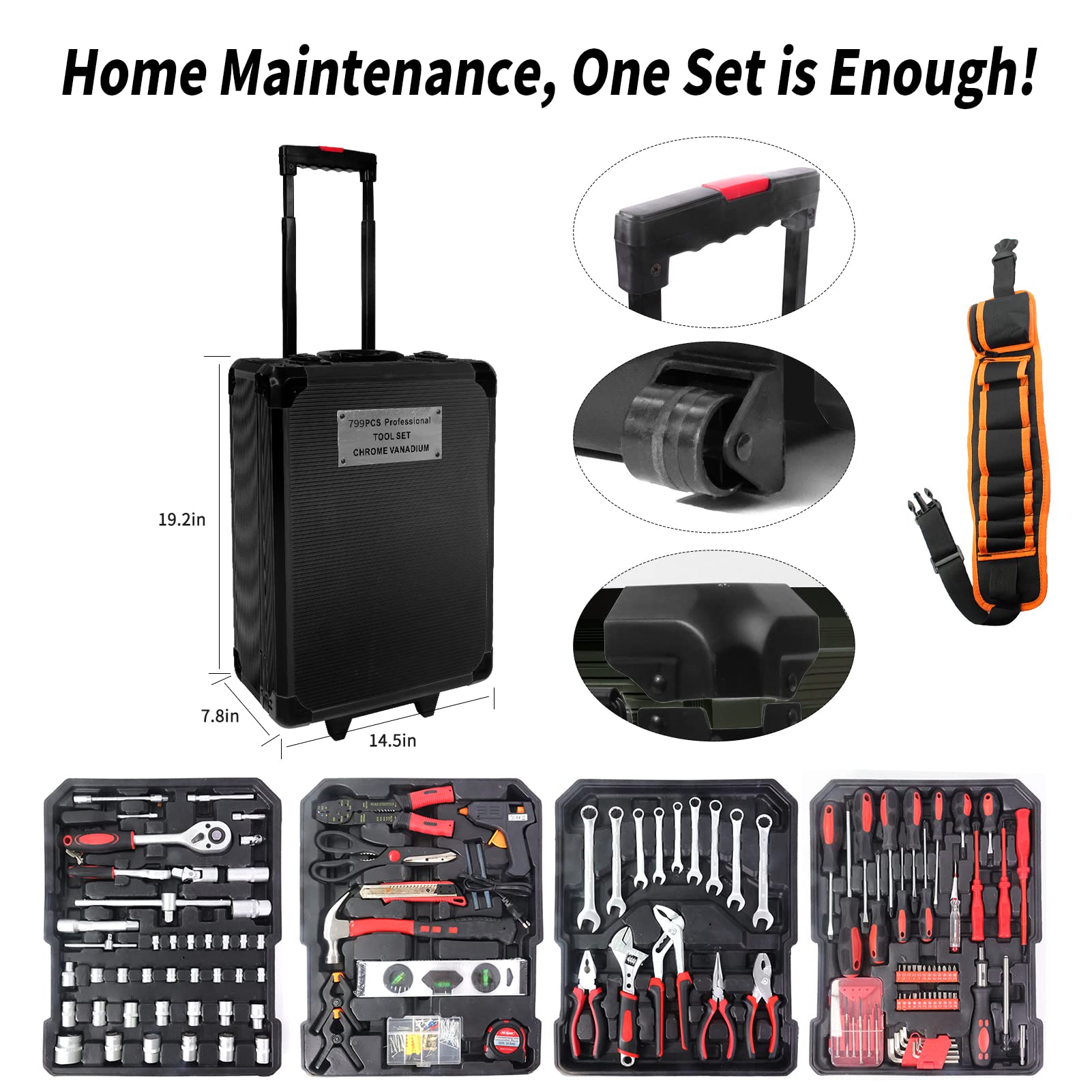 Tool Sets for Men, Tool Box with Tools, Tool Kit with Rolling Tool Box, Complete Tool Box Set,Household Tool Set, Aluminum Trolley Case Tool Setas, Gift on Father's Day
